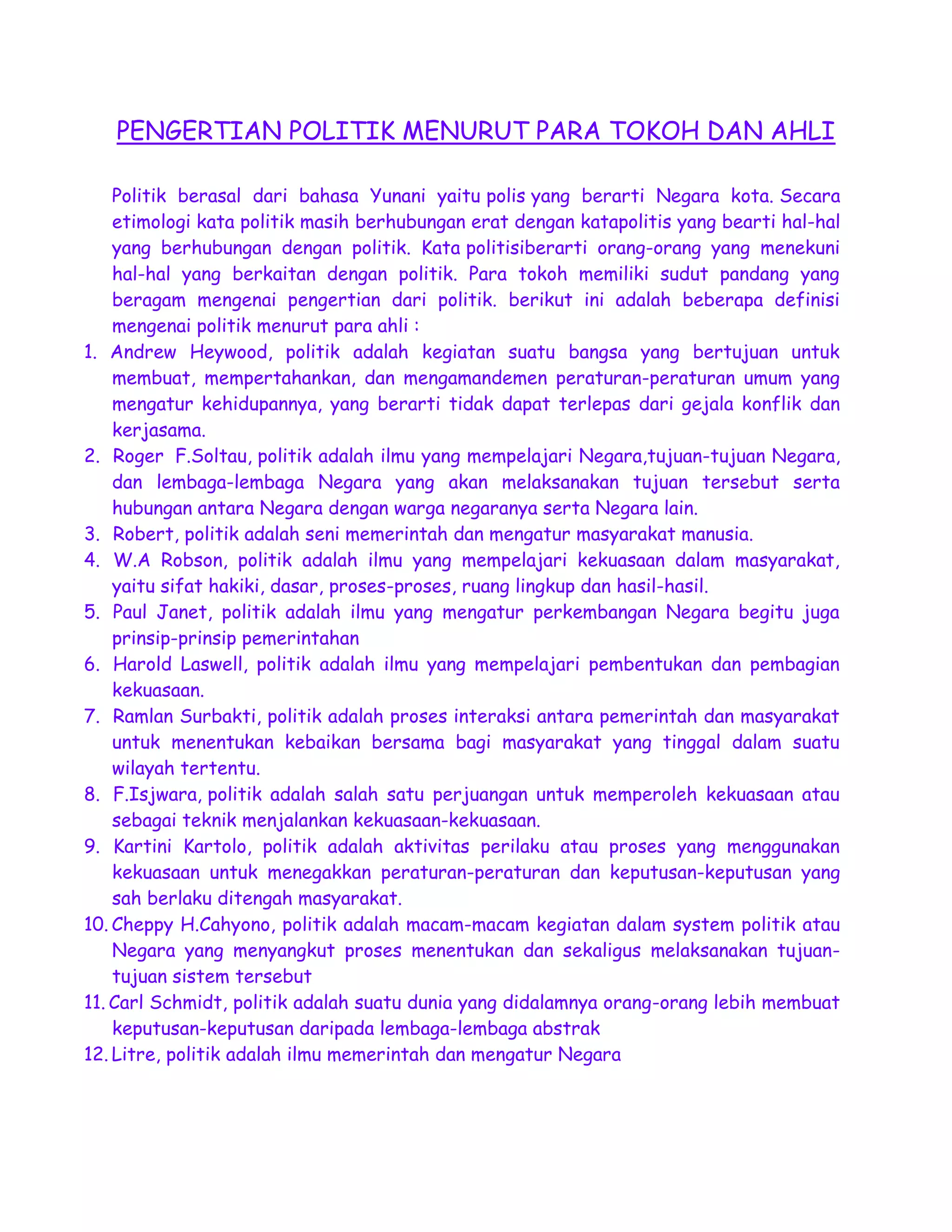 Pengertian politik menurut para tokoh dan ahli | DOCX