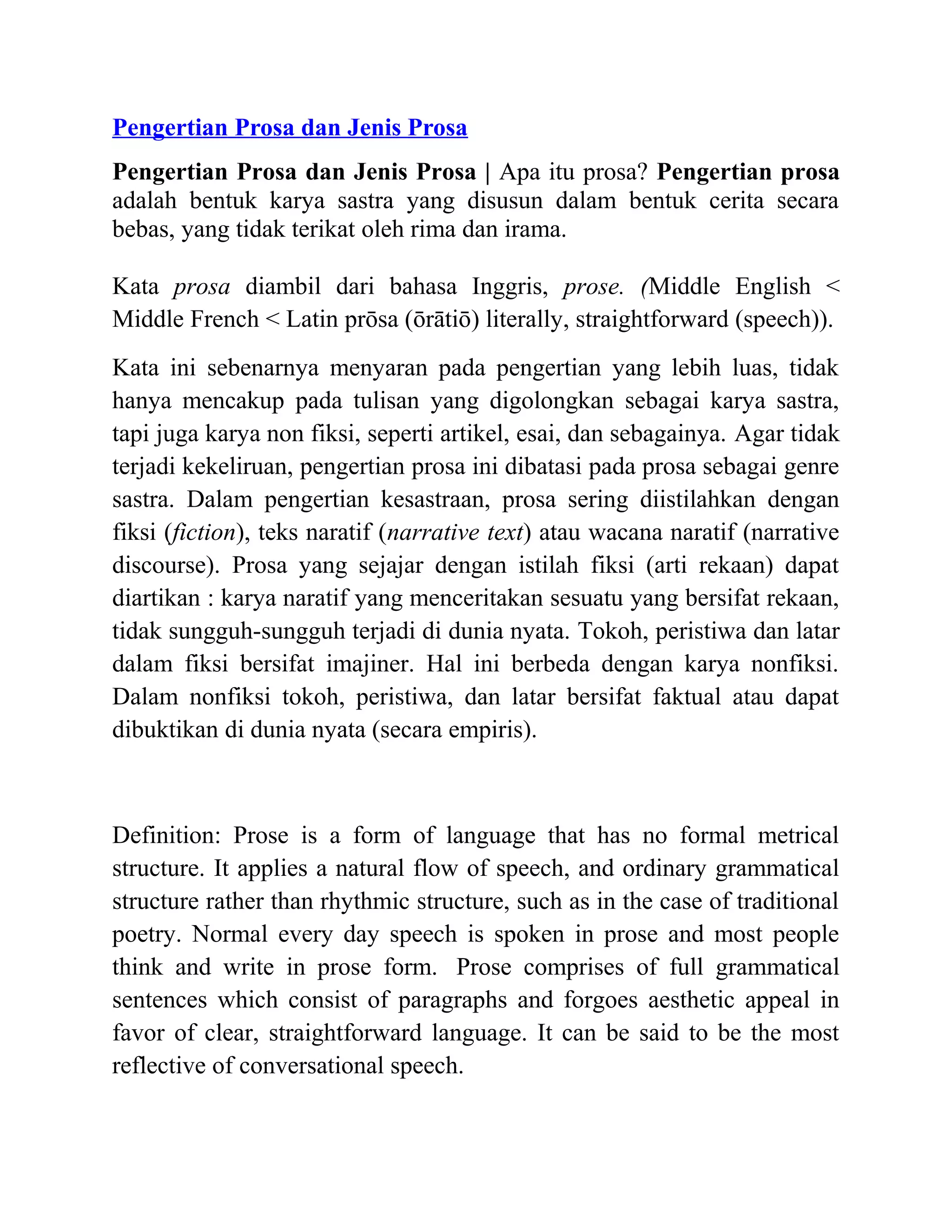 Pengertian prosa dan jenis prosa | DOC