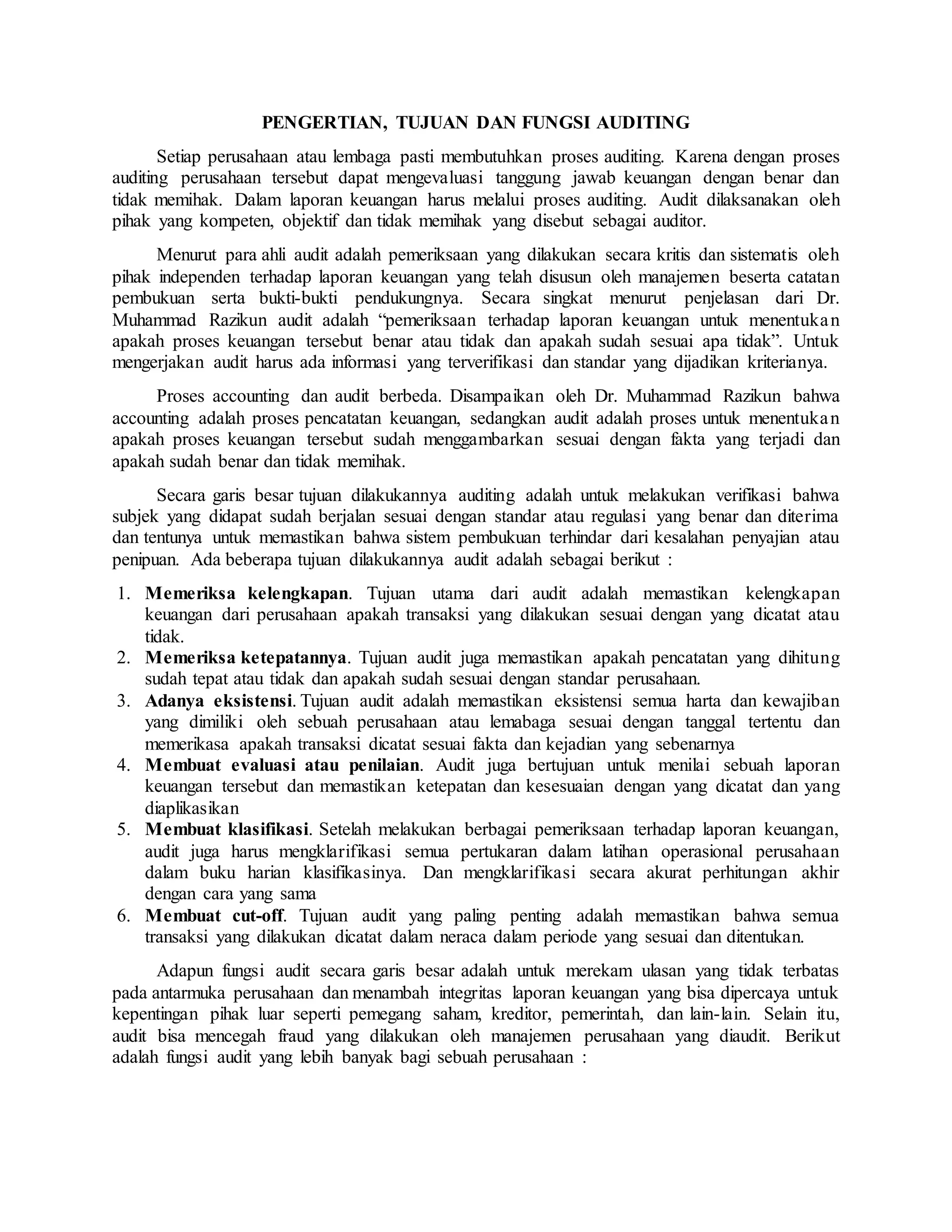 Pengertian, tujuan dan fungsi auditing | DOCX