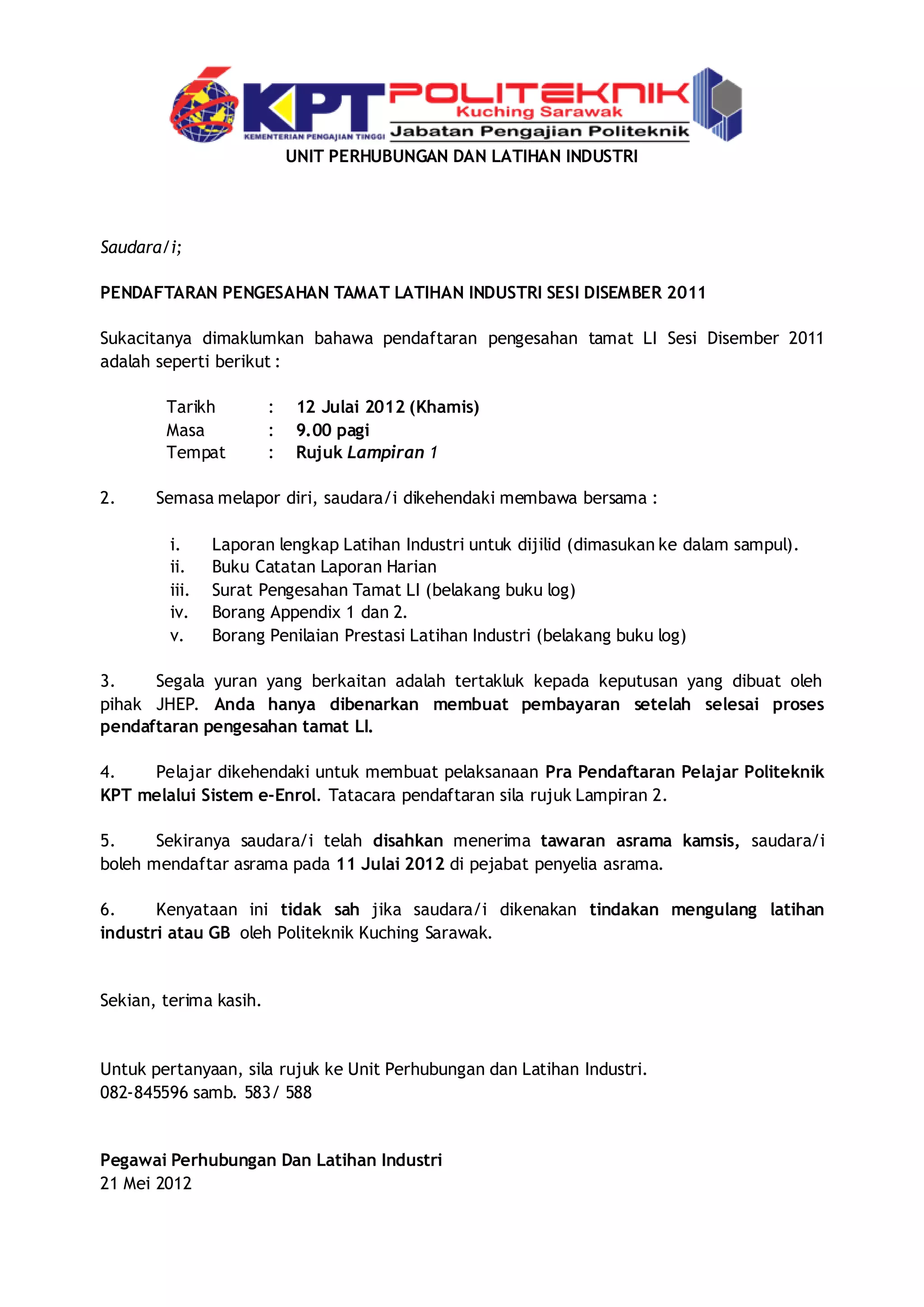 Pengesahan tamat li dan lapor diri sesi dis 2011 | PDF