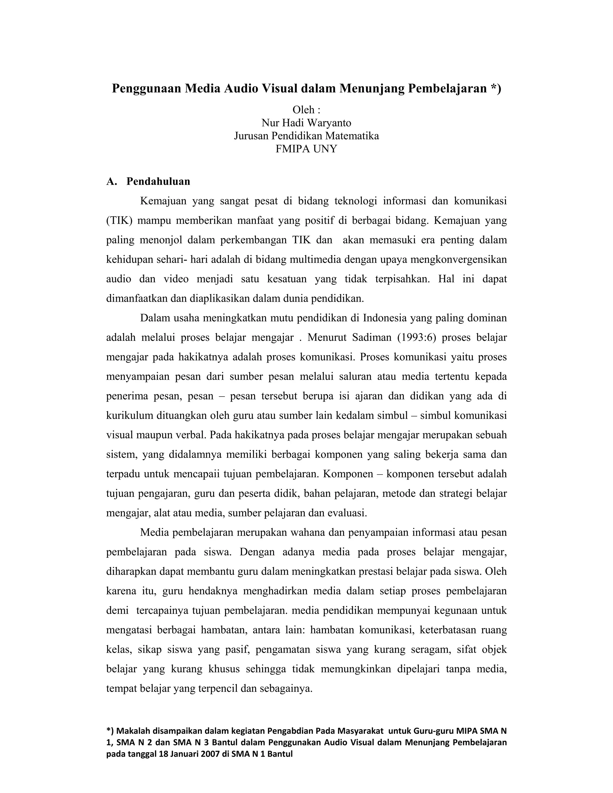 Penggunaan media audio visual dalam menunjang pembelajaran | PDF