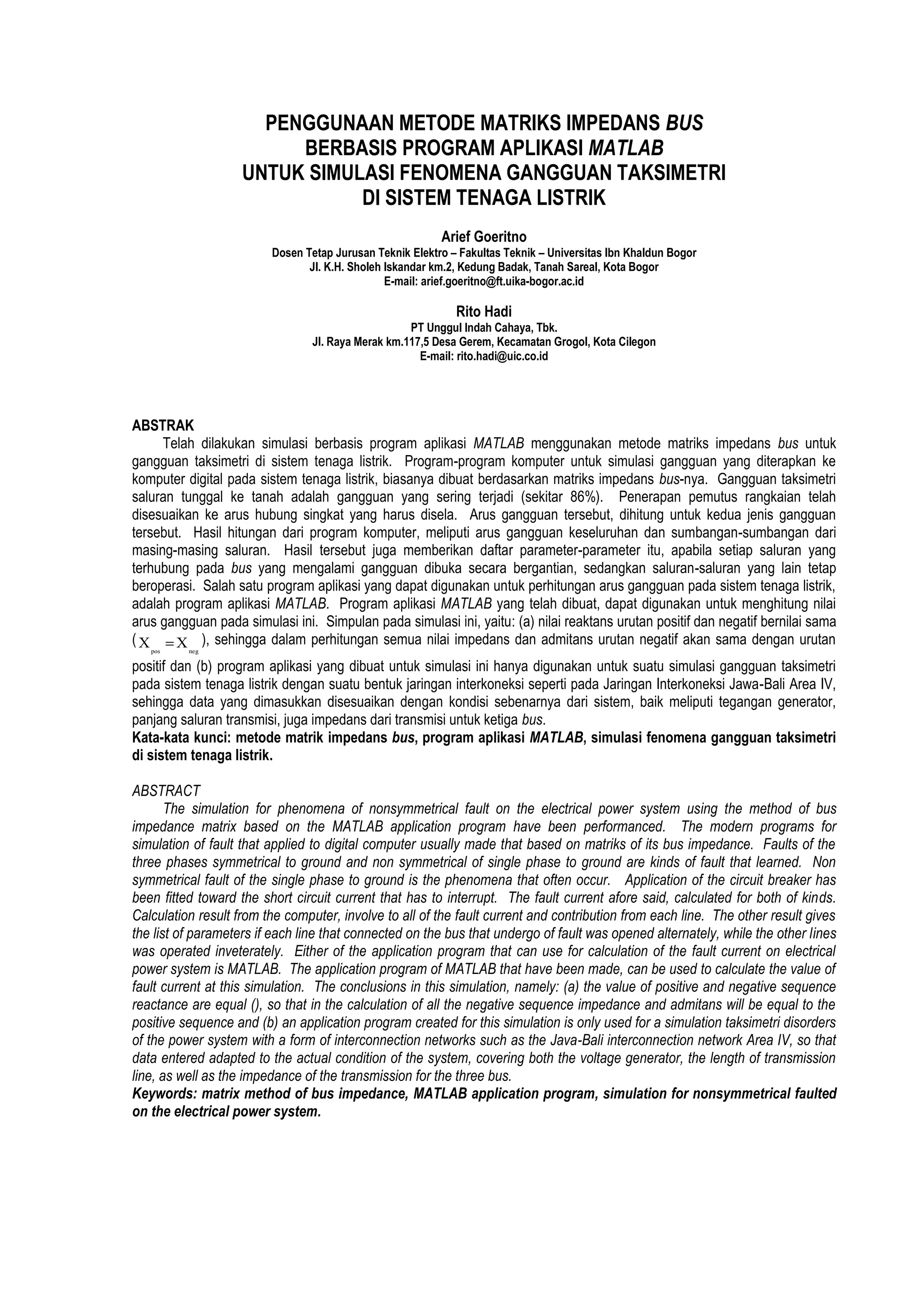Penggunaan metode matriks impedans bus | DOCX