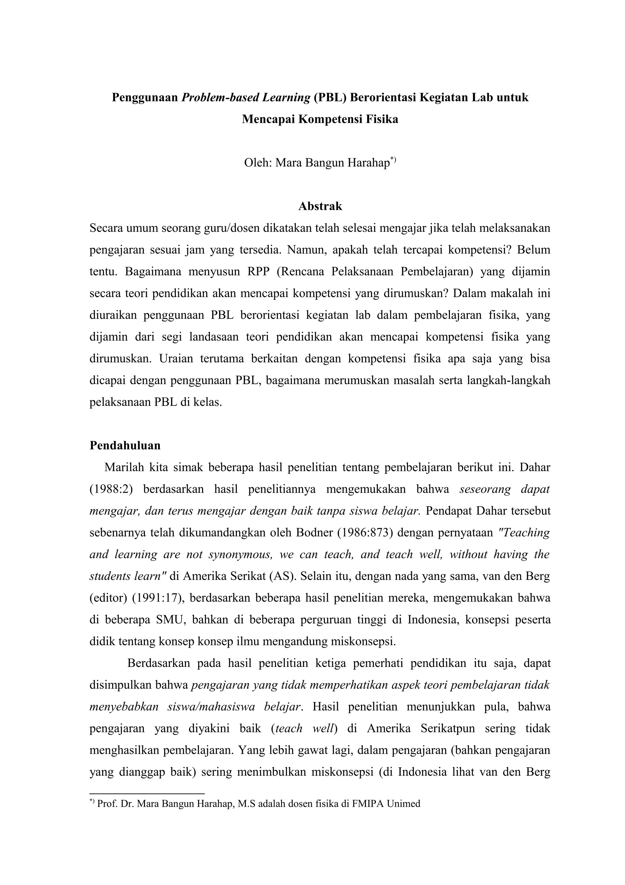 Penggunaan problem based learning pbl berorientasi kegiatan lab untuk mencapai kompetensi fisika ...