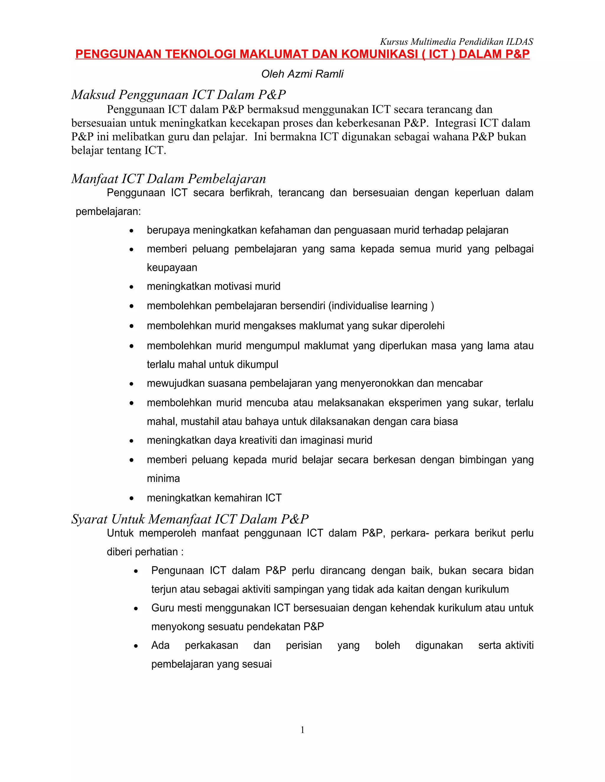 Penggunaan teknologi maklumat dan komunikasi ( ict ) dalam p&p | DOC