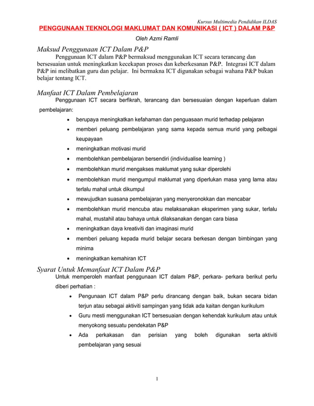 Penggunaan teknologi maklumat dan komunikasi ( ict ) dalam p&p | DOC