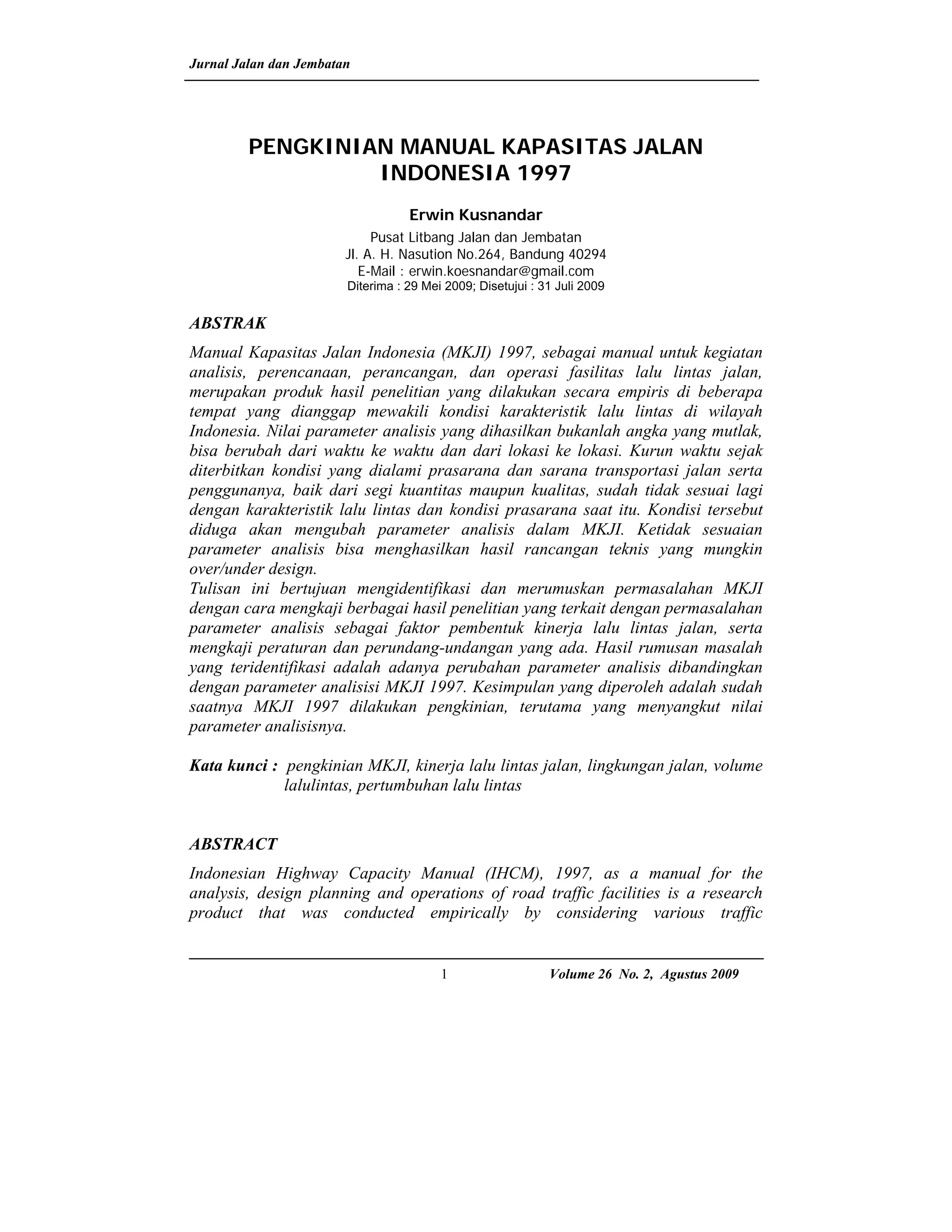 Pengkinian manual kapasitas jalan indonesia 1997 | PDF