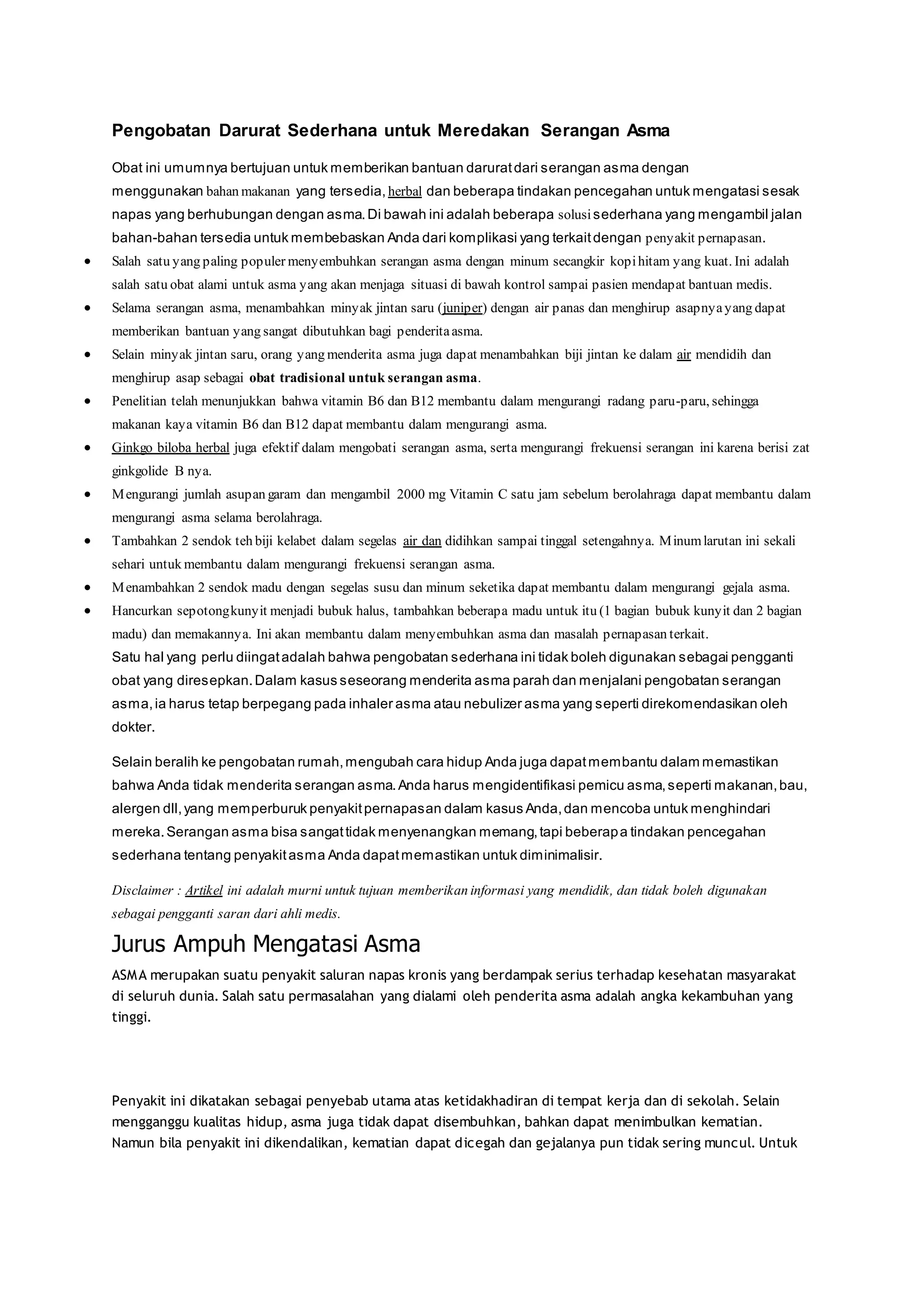 Pengobatan Darurat Sederhana untuk Meredakan Asma | DOCX