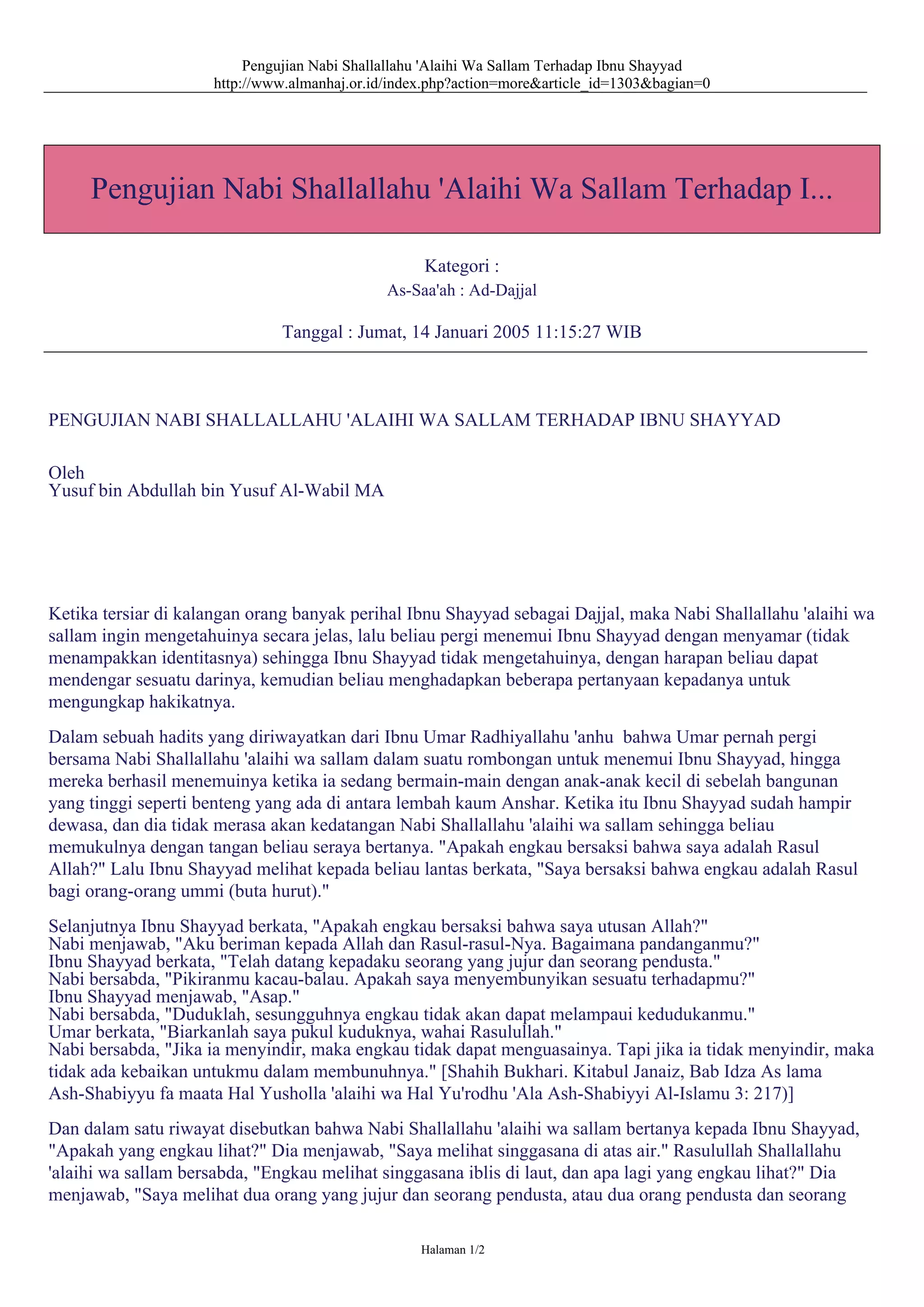 Pengujian nabi-shallallahu-alaihi-wa-sallam-terhadap-ibnu-shayyad | PDF