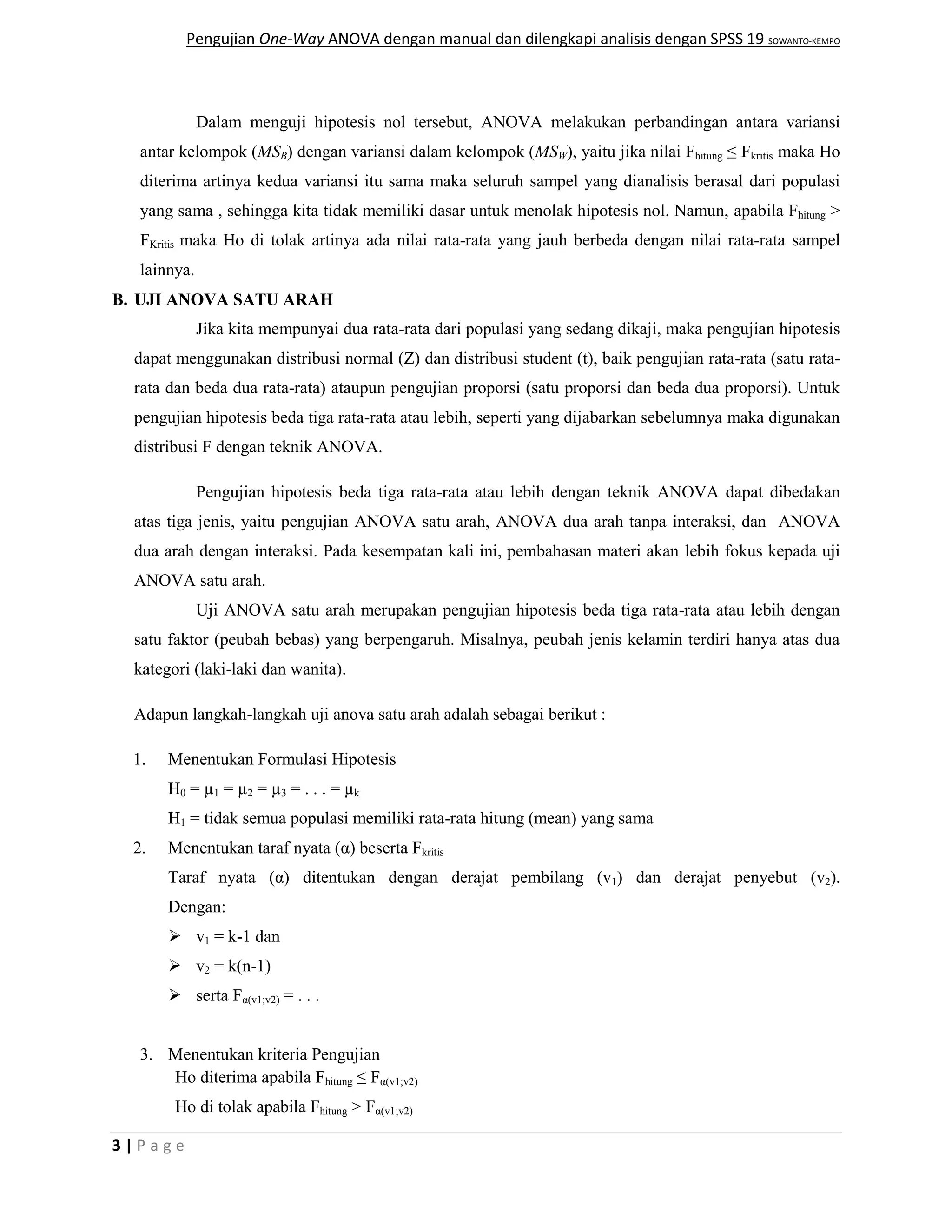 Pengujian one way anova dengan manual dan spss 19 | PDF