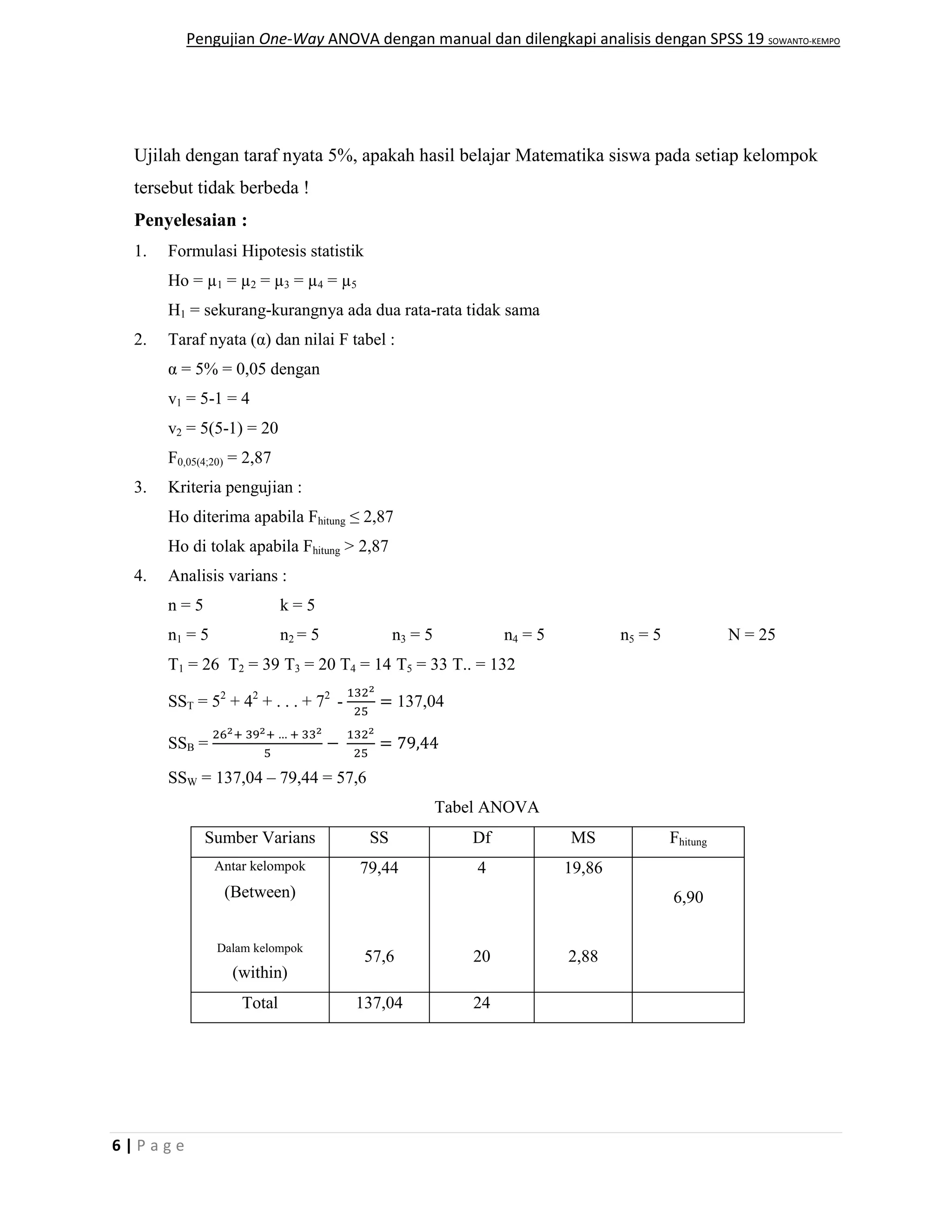 Pengujian one way anova dengan manual dan spss 19 | PDF