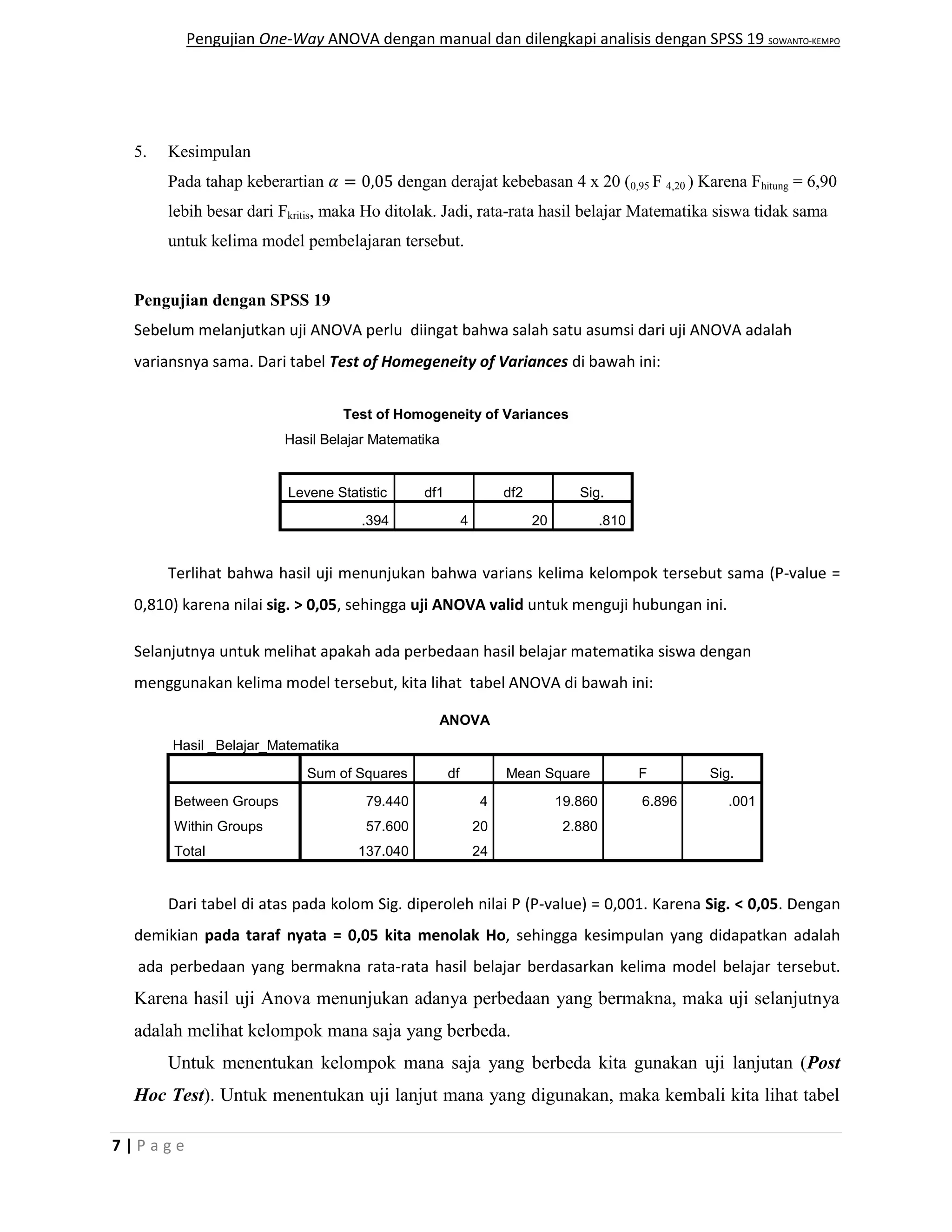Pengujian one way anova dengan manual dan spss 19 | PDF