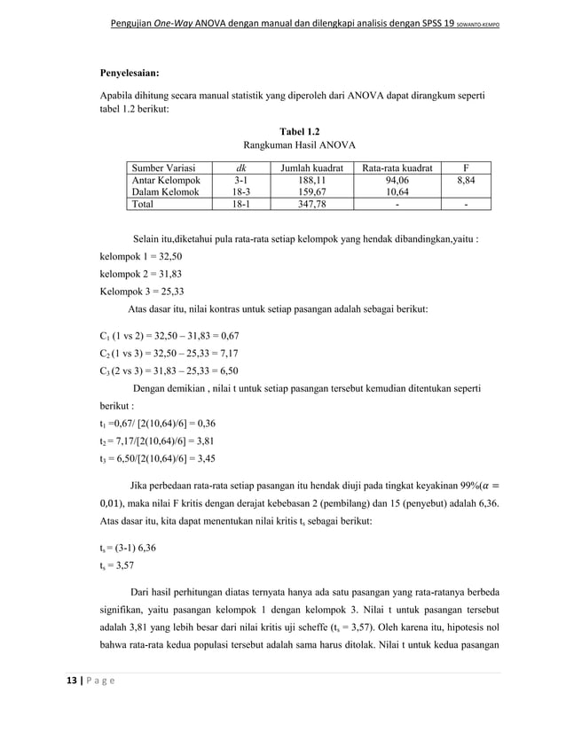 Pengujian one way anova dengan manual dan spss 19 | PDF