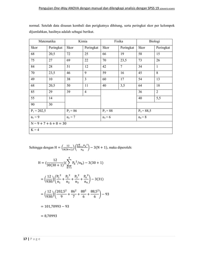 Pengujian one way anova dengan manual dan spss 19 | PDF