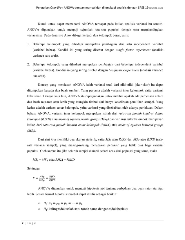 Pengujian one way anova dengan manual dan spss 19 | PDF