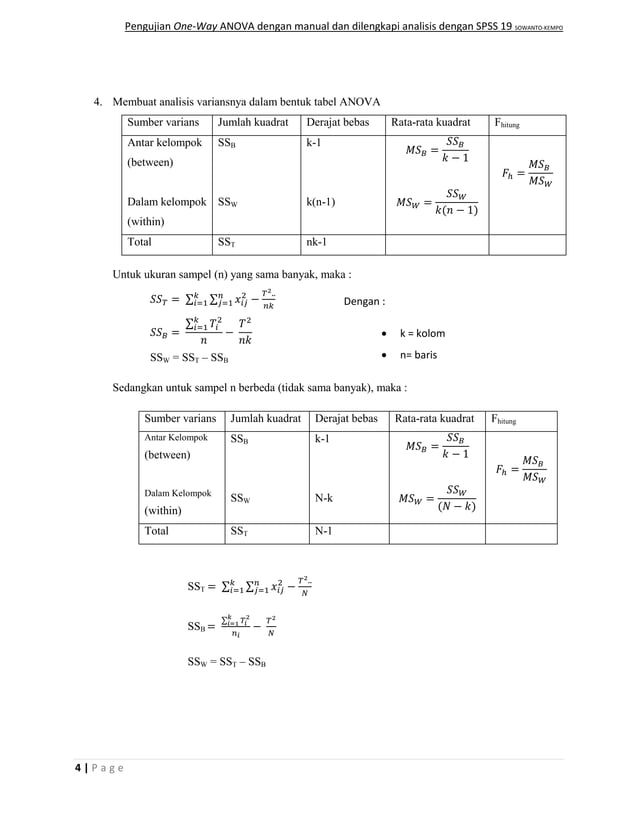 Pengujian one way anova dengan manual dan spss 19 | PDF