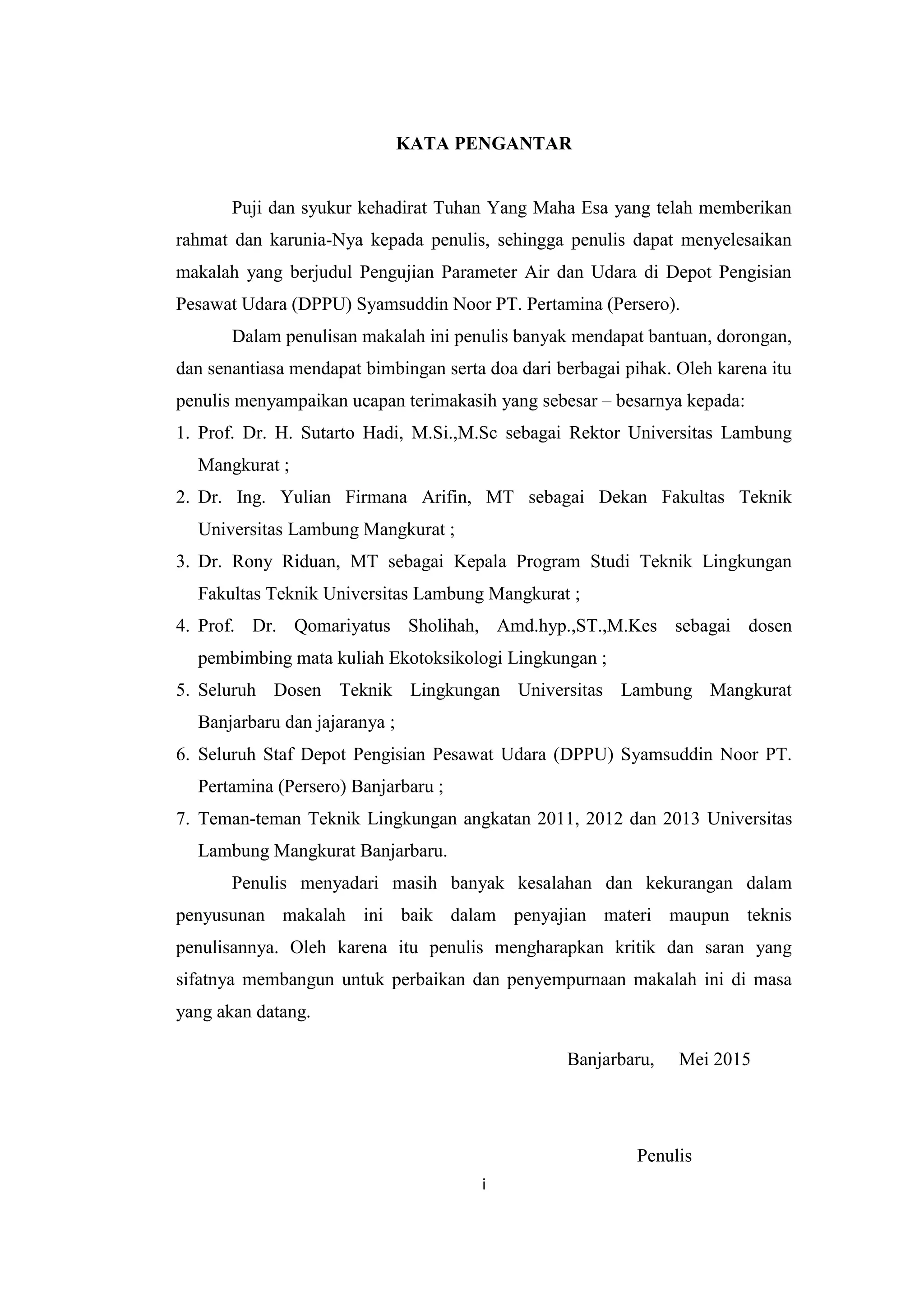 EKOTOKSIKOLOGI PENGUJIAN PARAMETER AIR DAN UDARA DI DPPU SYAMSUDDIN ...