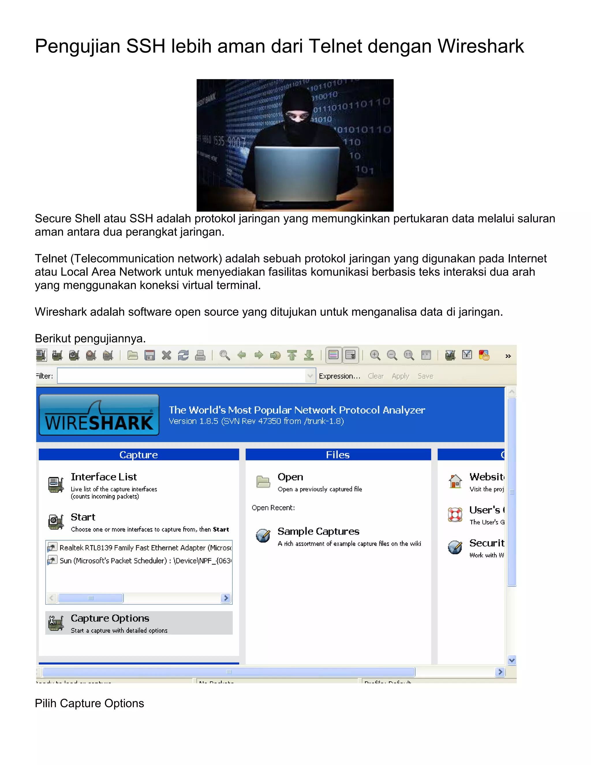 Pengujian ssh lebih aman dari telnet dengan wireshark | DOCX