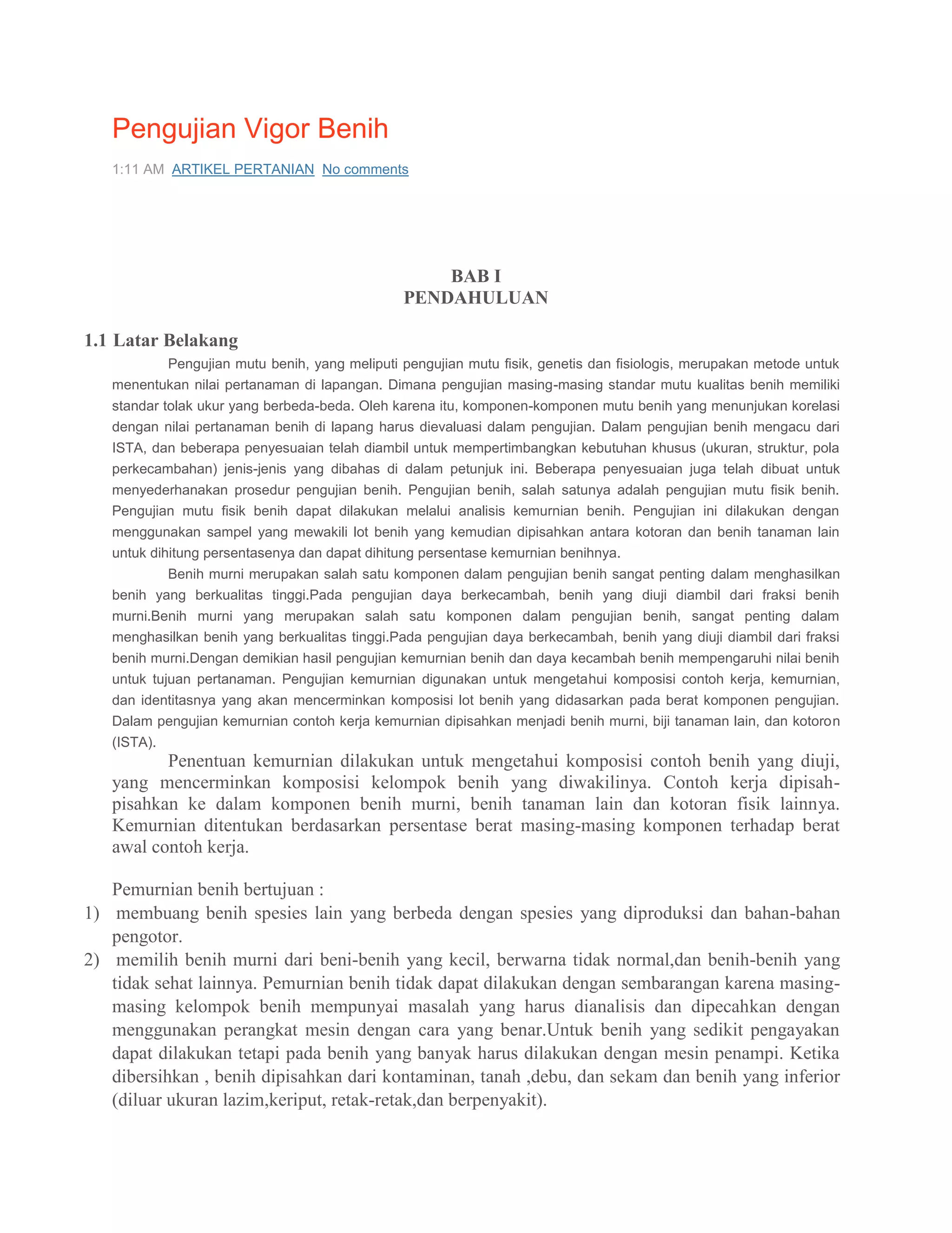 Pengujian vigor benih | PDF