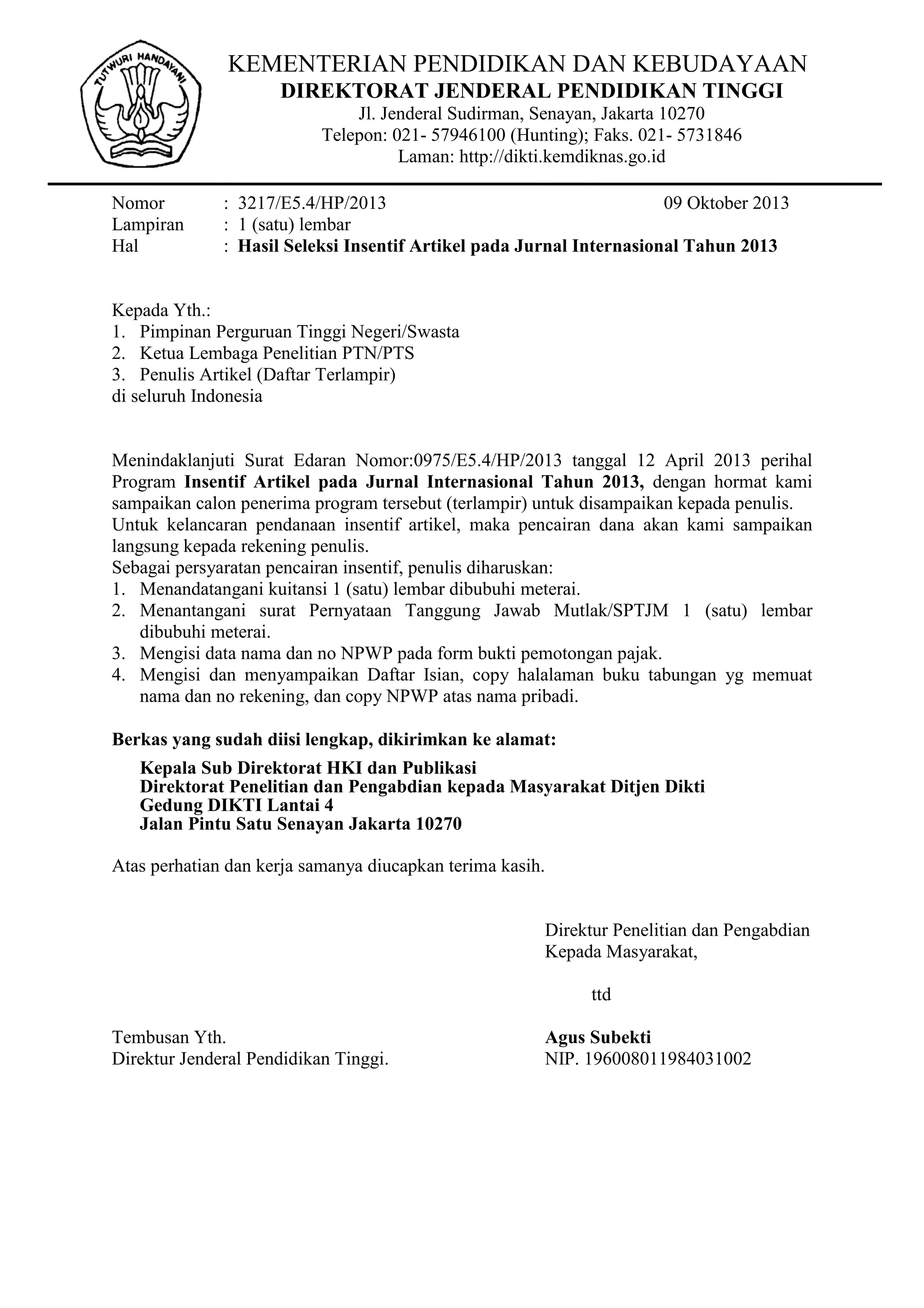 Pengumuman insentif-artikel-pd-jurnal-internasional-2013-1 | PDF