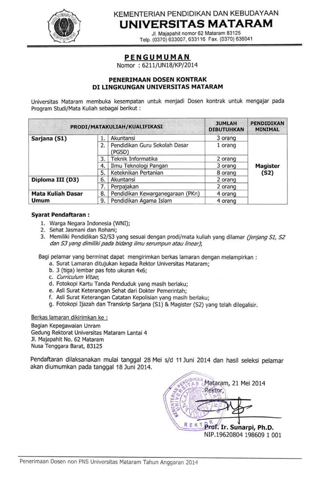 Penerimaan Dosen (Universitas Mataram) | PDF