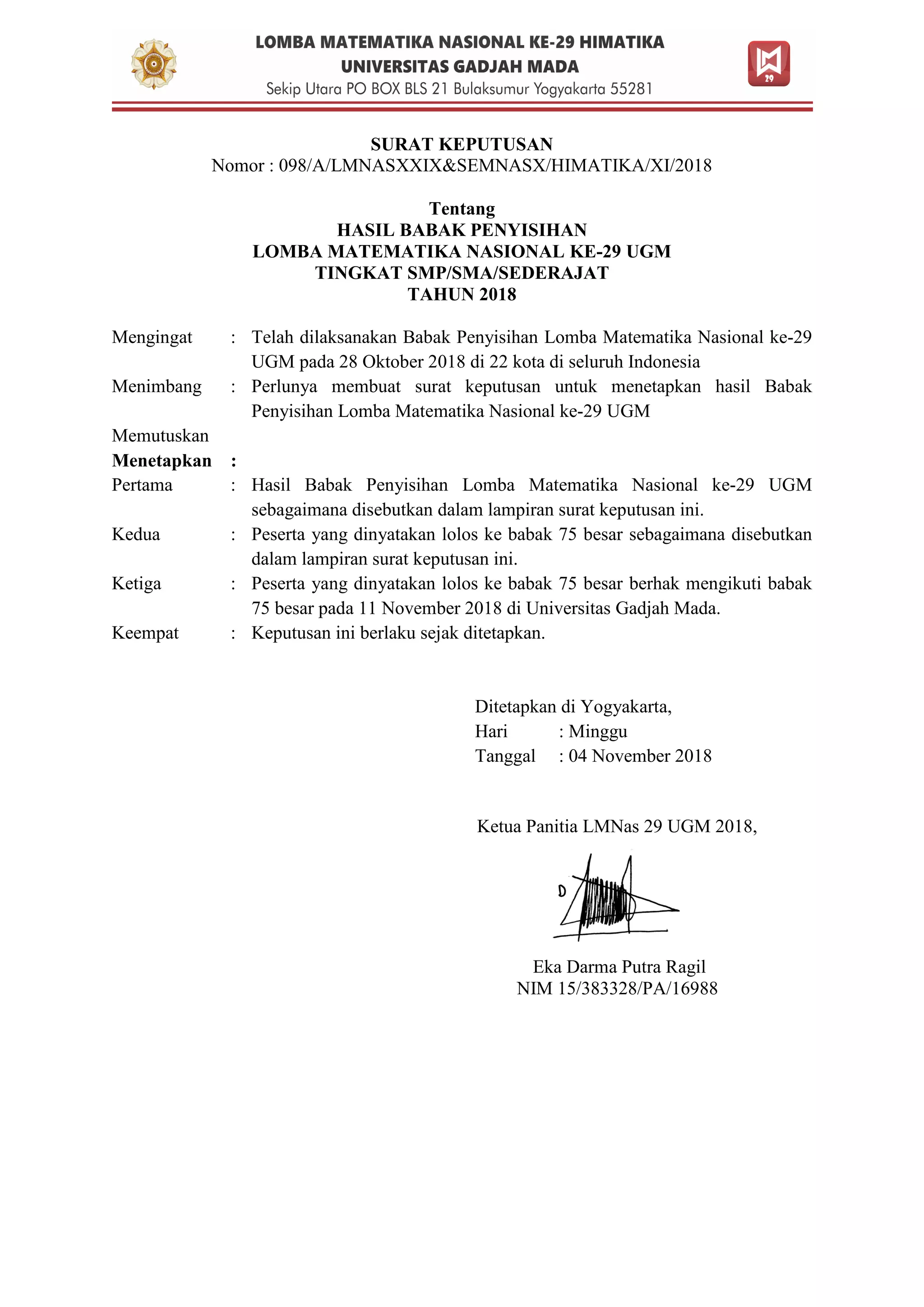Pengumuman babak penyisihan lmnas 29 ugm | PDF