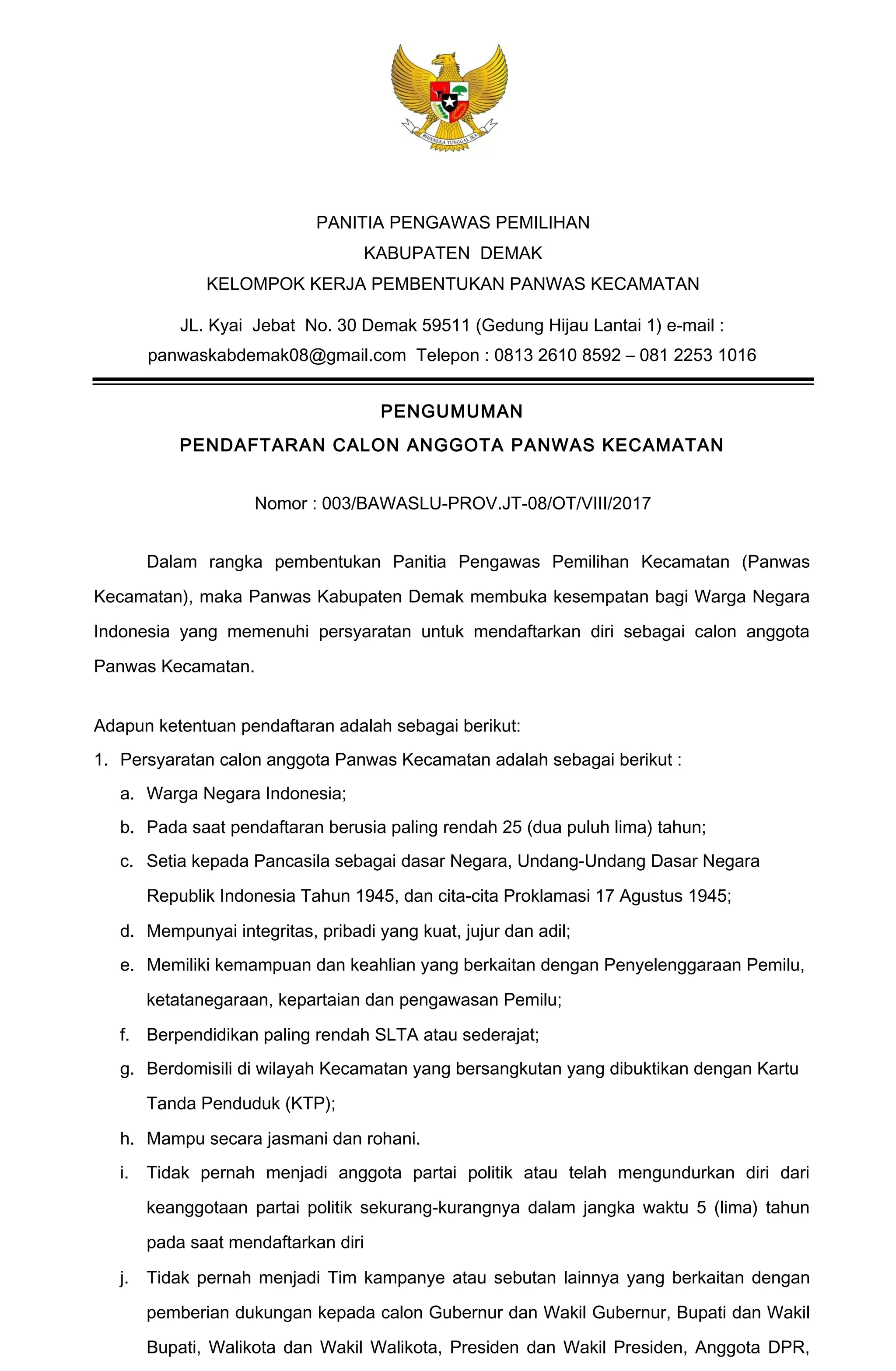Pengumuman Dan Formulir Panwas Kecamatan 1 Pdf