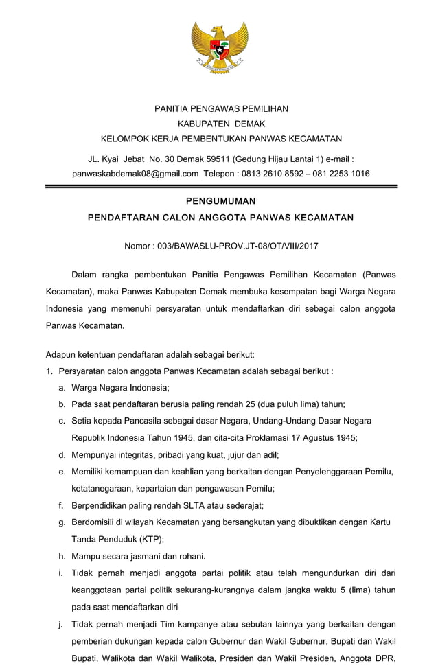 Pengumuman Dan Formulir Panwas Kecamatan 1 Pdf