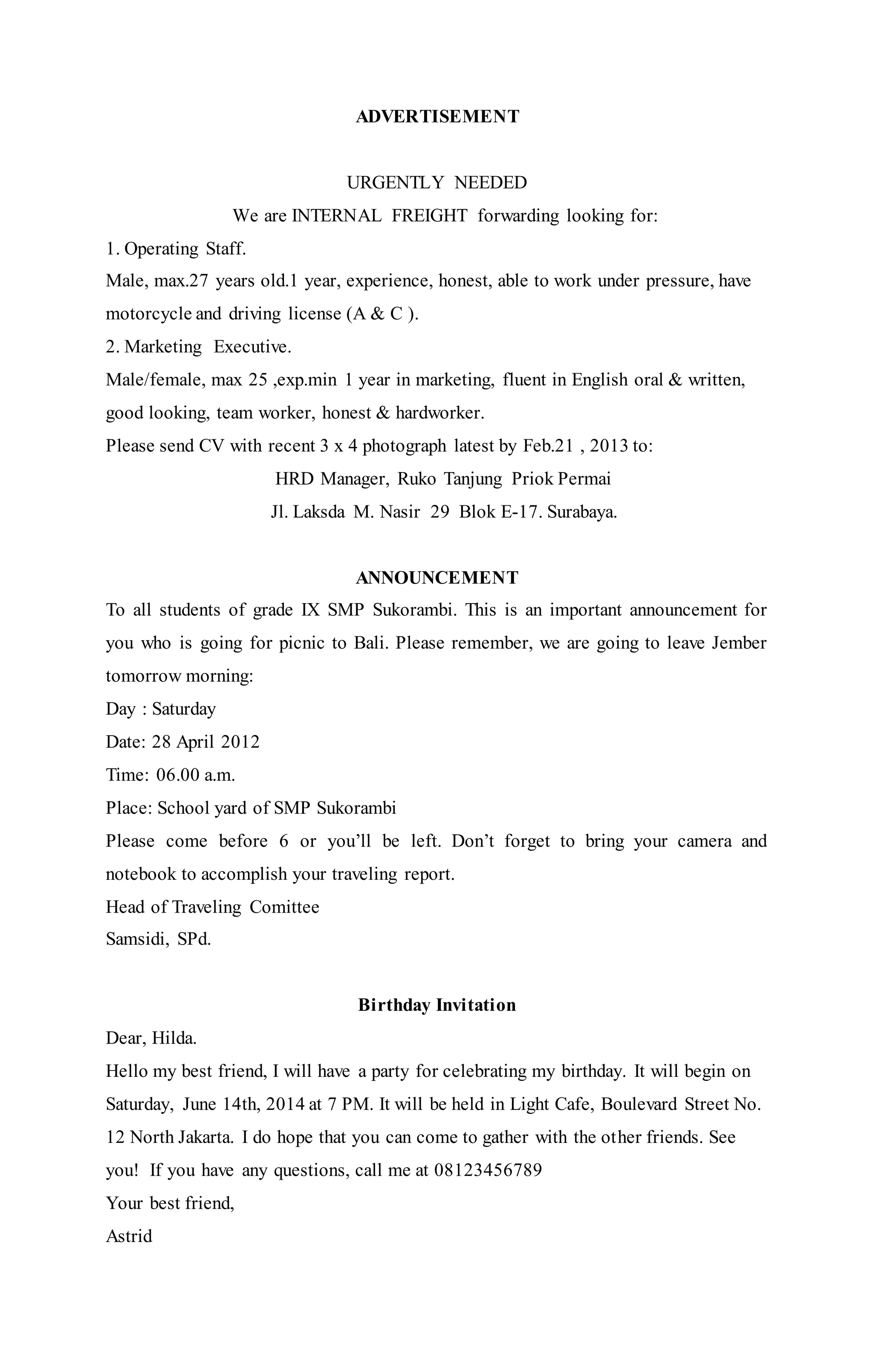 Pengumuman, iklan, undangan dan surat pendek | DOCX