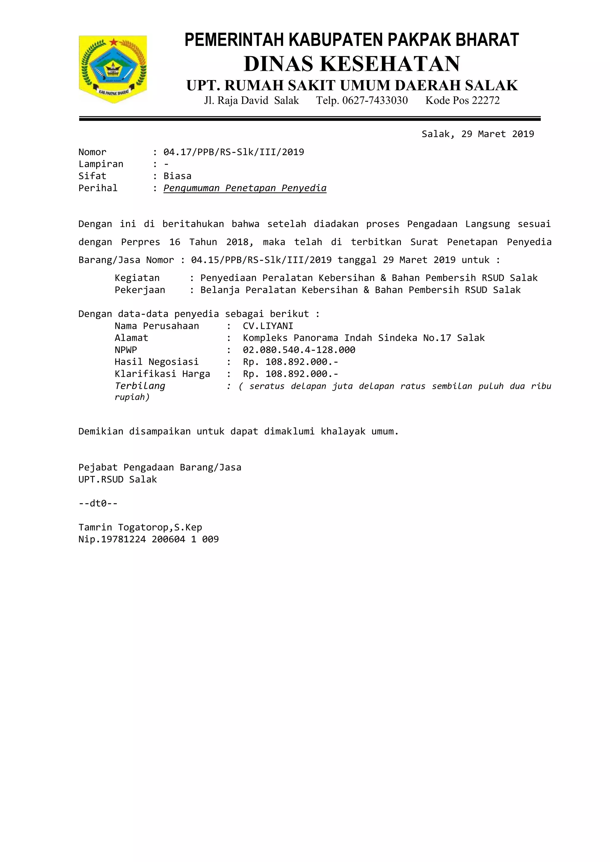 Pengumuman penyedia alat kebersihan upt.rsud salak | PDF