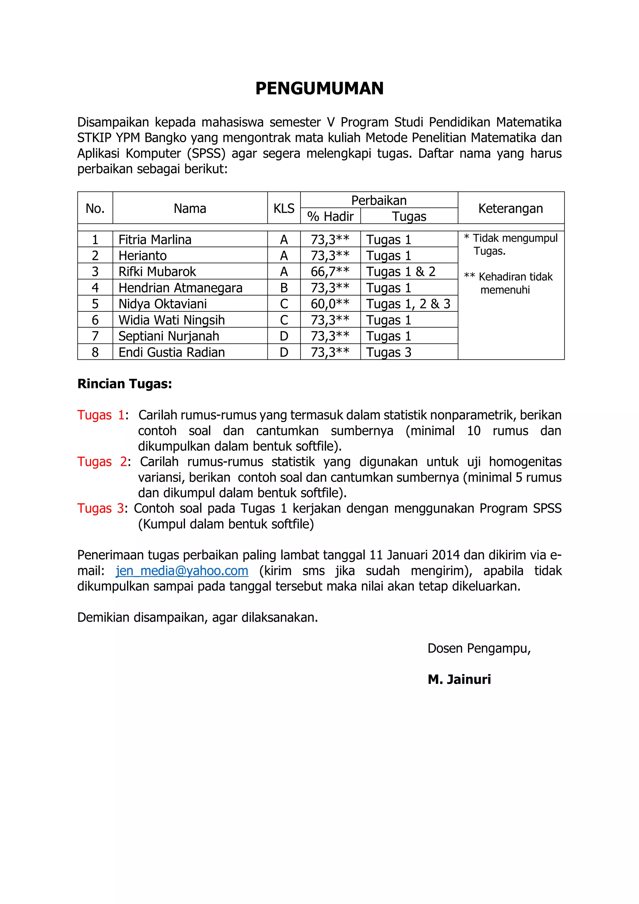Pengumuman perbaikan nilai | PDF