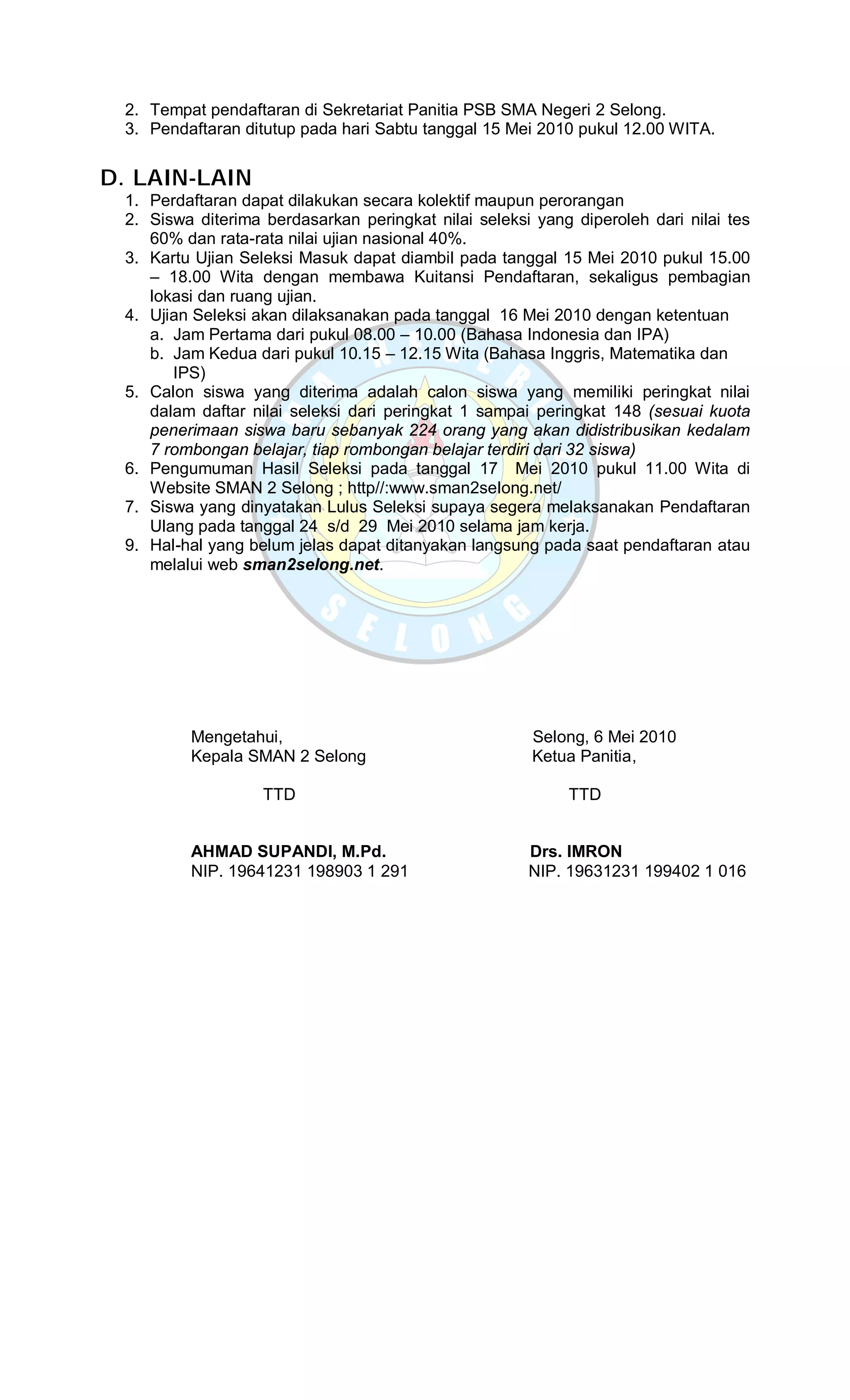 Pengumuman psb jalur utul 2010 | PDF