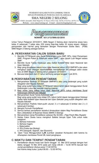Pengumuman psb jalur utul 2010 | PDF
