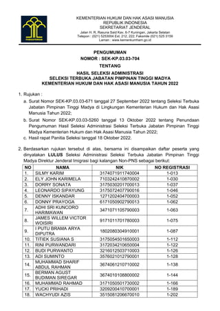 PENGUMUMAN SELEKSI ADMINISTRASI SELEKSI TERBUKA DIRJEN IMIGRASI | PDF