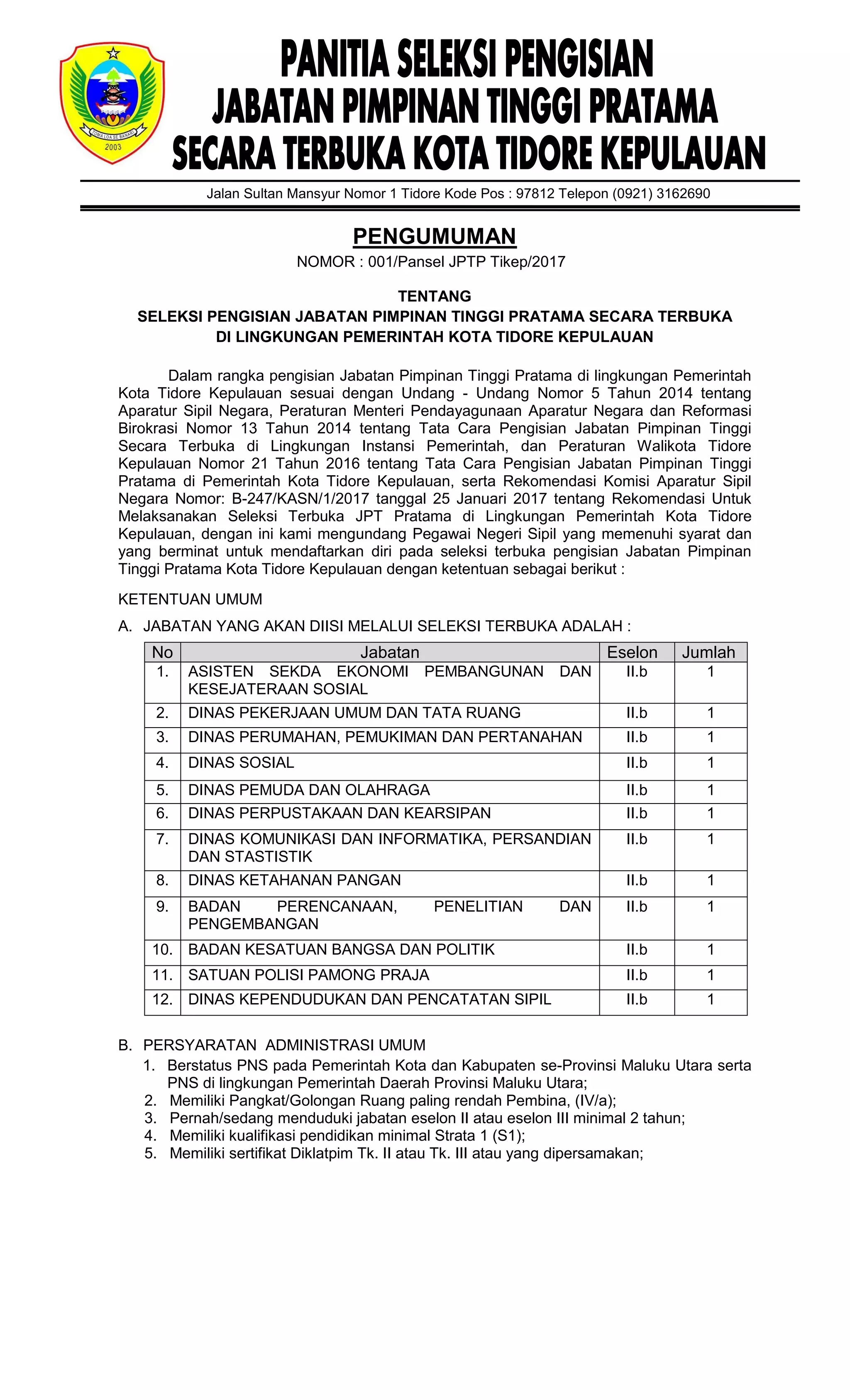 Pengumuman seleksi terbuka_jbt_pratama_2017 | PDF