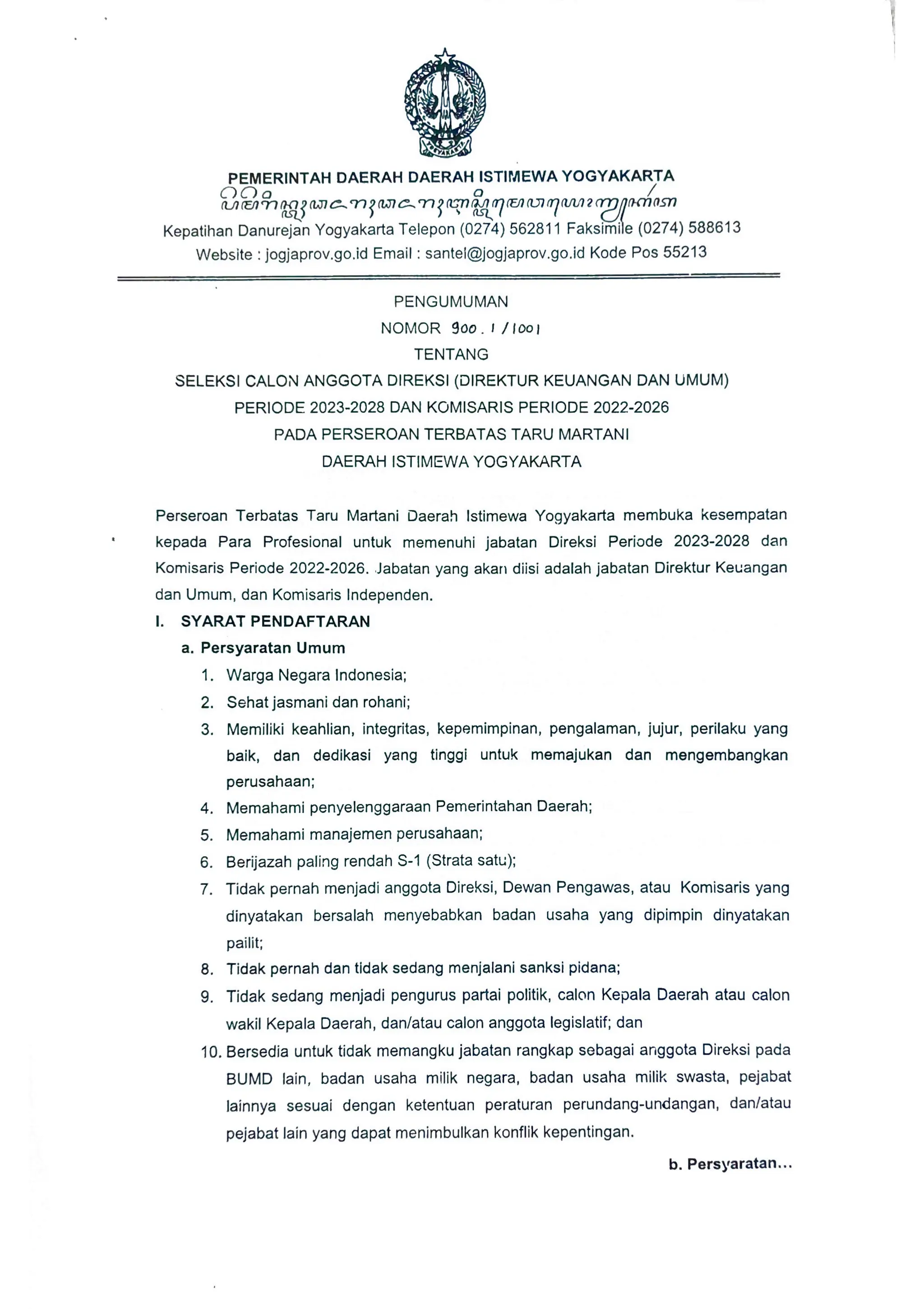 Pengumuman website seleksi direksi dan komisaris Taru Martani.pdf