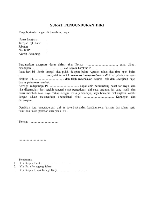 Template Draft Surat Pengunduruan diri direktur | DOCX