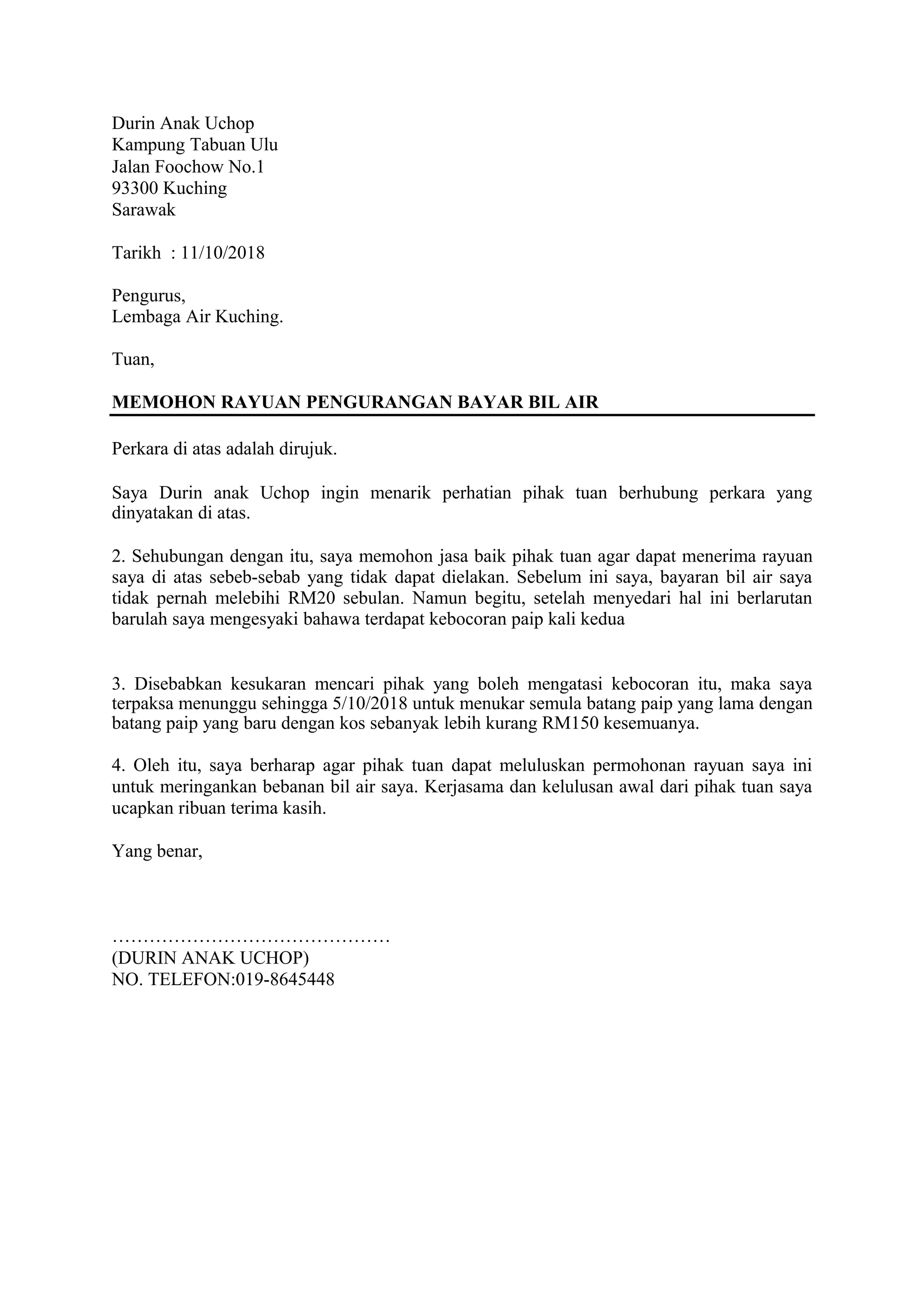 Contoh Surat Pengurangan bayar bil air | DOC