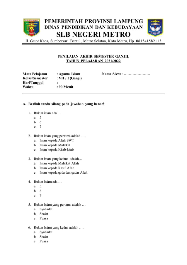 Penilaian Akhir Semester Ganjil Agama Islam 2021-2022 Kls VII Tunagrahita Ringan | DOCX