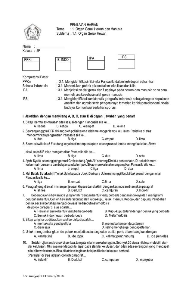 Penilaian harian tema 1 subtema 1 | PDF