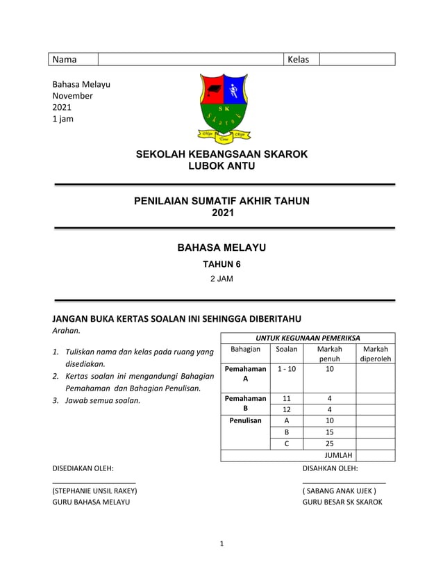 Penilaian Sumatif Bahasa Melayu Tahun 6 | PDF