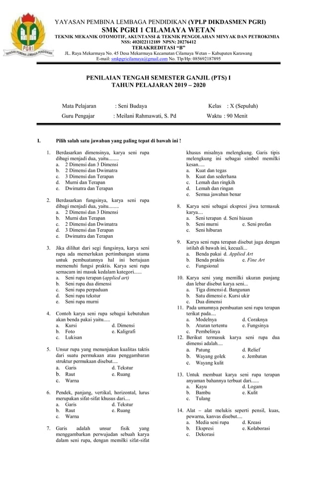 Penilaian Tengah Semester Ganjil SEni Budaya dan Kesenian (SBK)_Kelas X | PDF