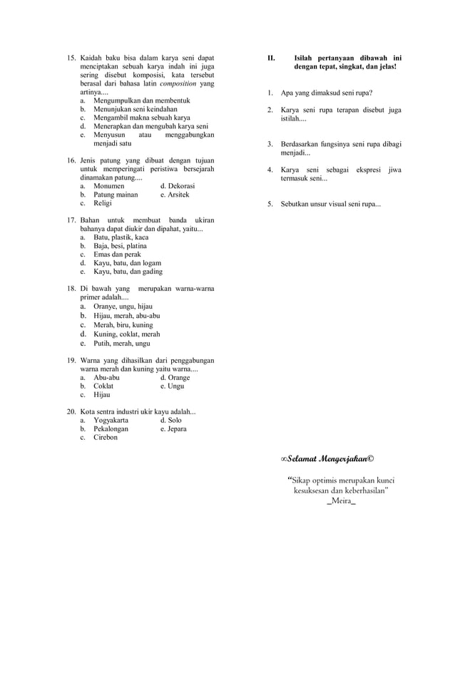 Penilaian Tengah Semester Ganjil SEni Budaya dan Kesenian (SBK)_Kelas X | PDF