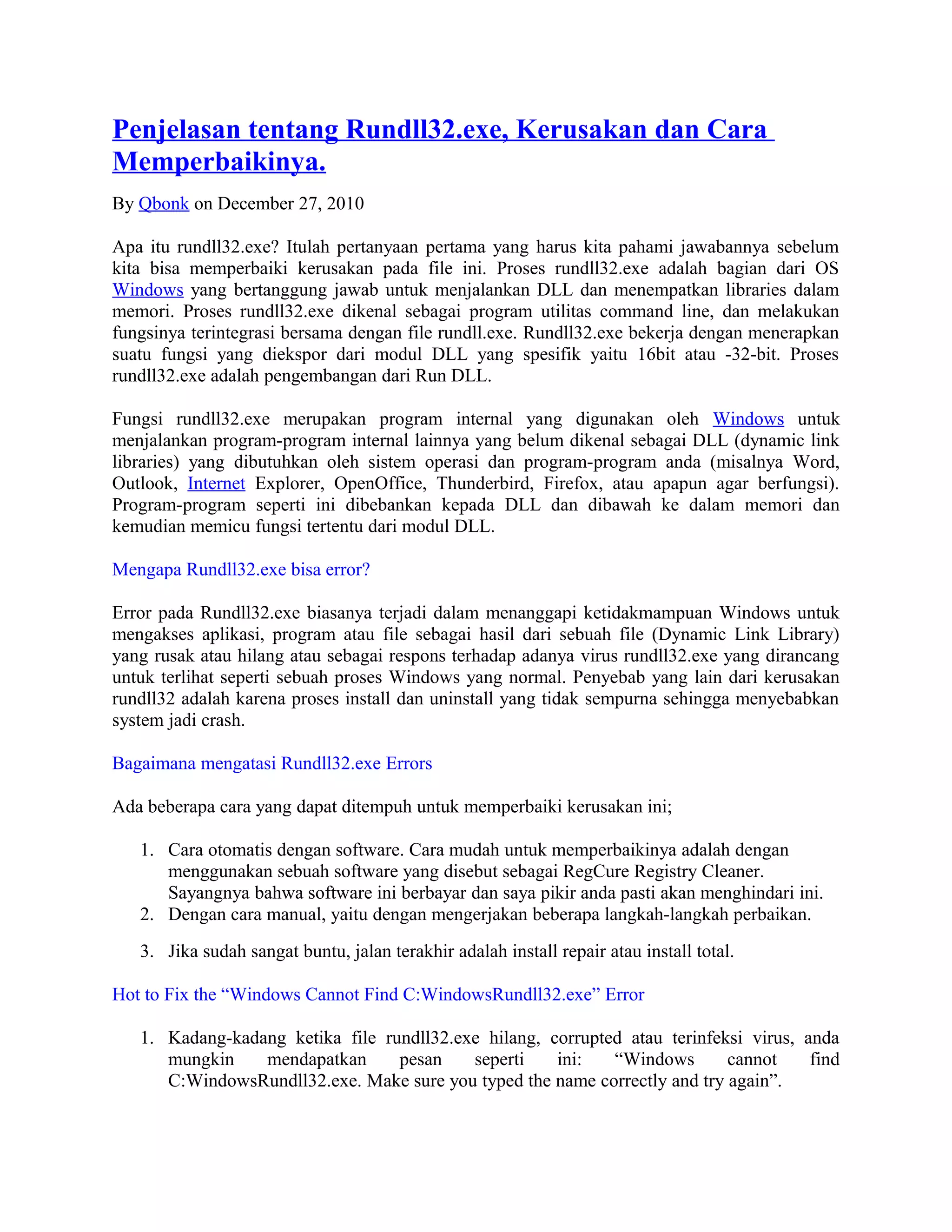 Penjelasan tentang rundll32 | PDF