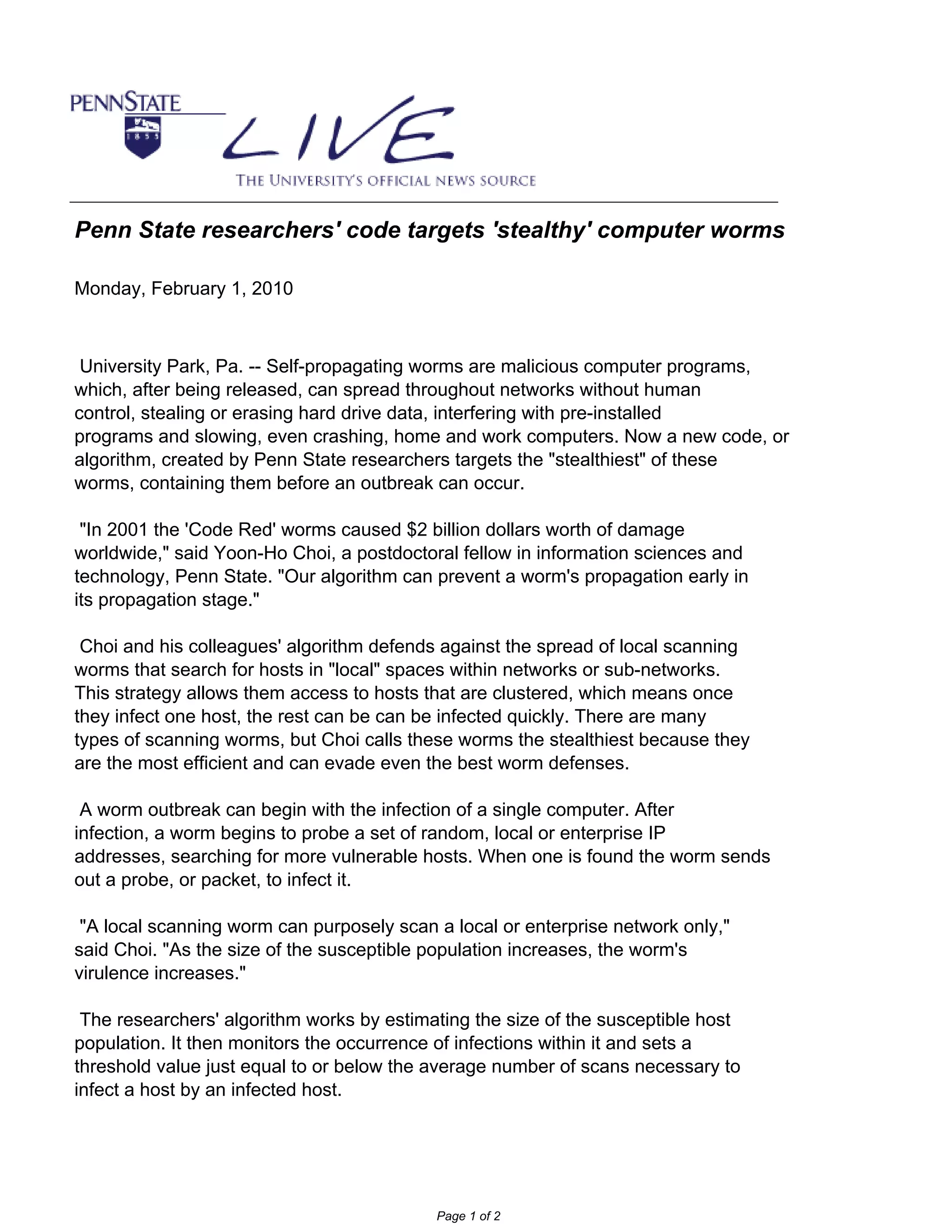 Penn State Researchers Code Targets Stealthy Computer Worms | PDF