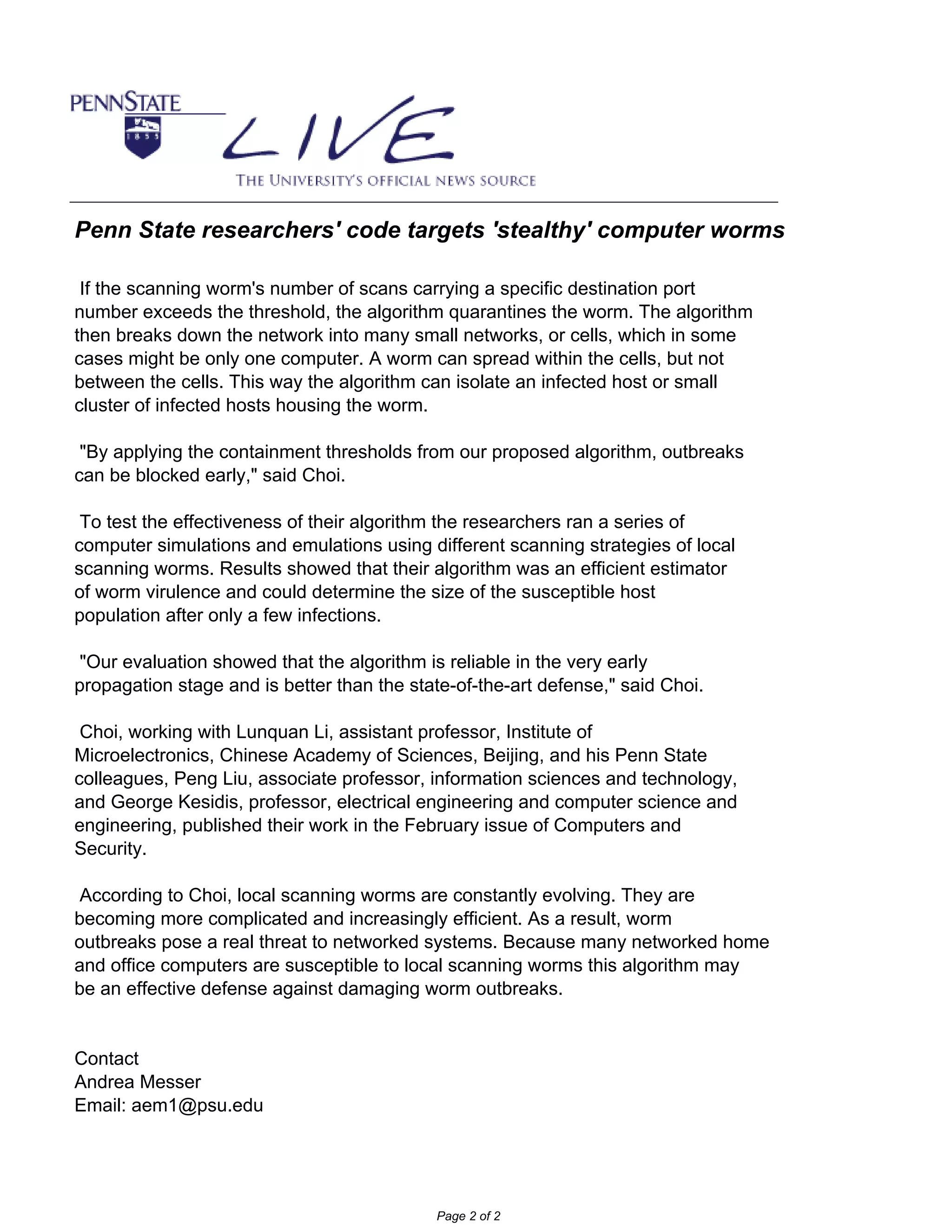 Penn State Researchers Code Targets Stealthy Computer Worms | PDF