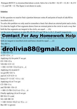 Pentagon RSTUV is circumscribed about a circle. Solve for x for RS = .pdf
