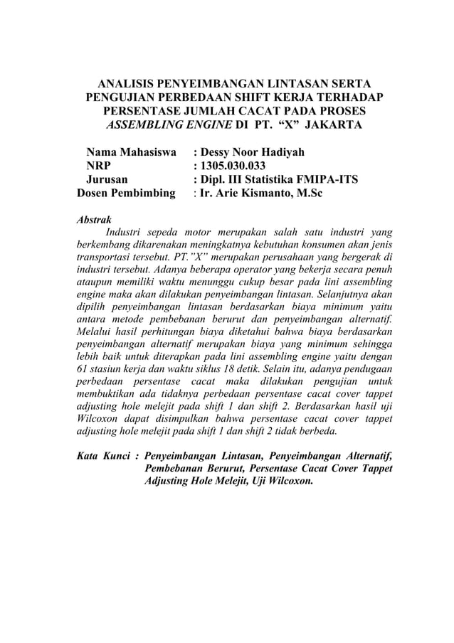 ANALISIS PENYEIMBANGAN LINTASAN SERTA PENGUJIAN PERBEDAAN SHIFT KERJA ...