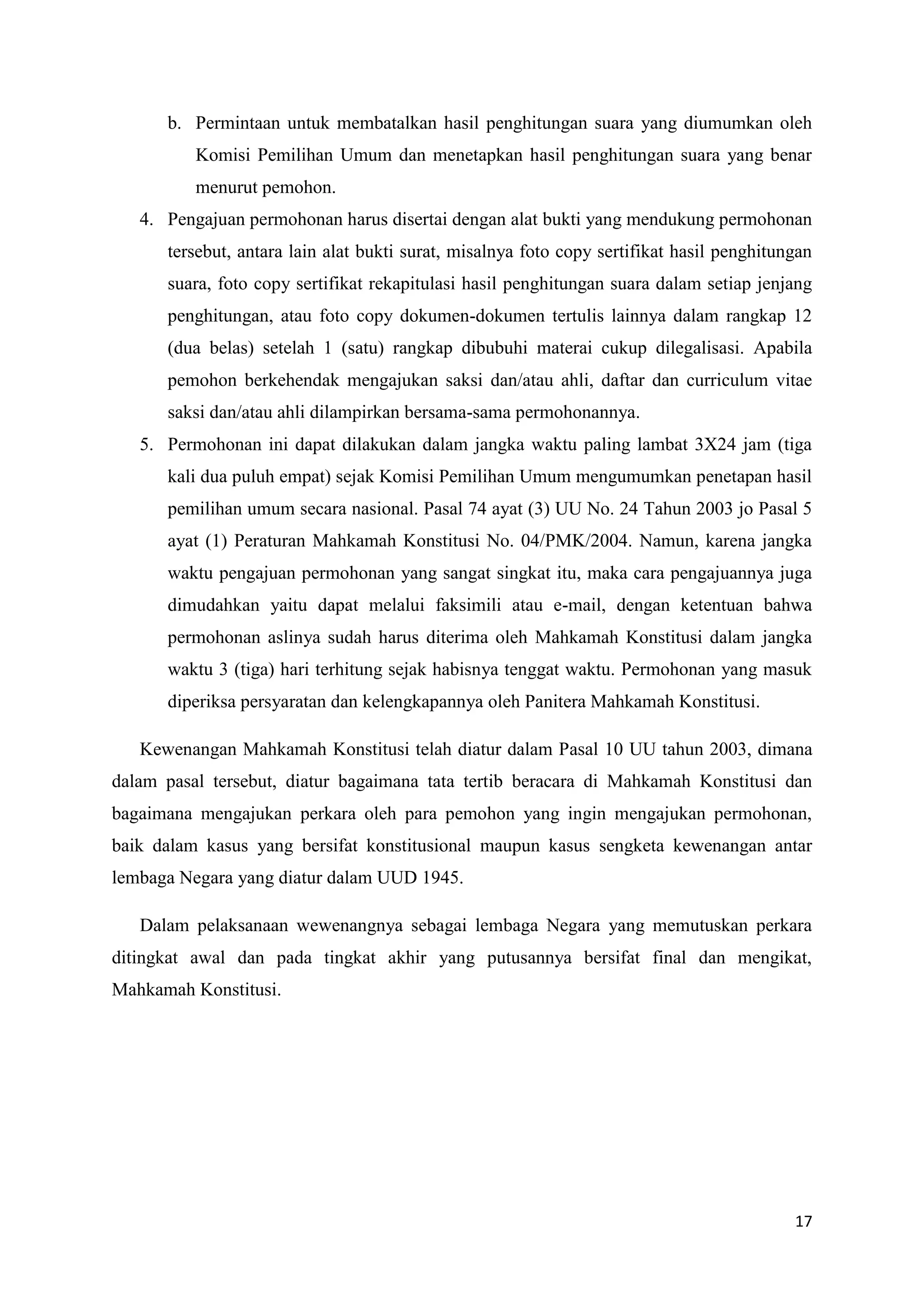 Penyelesaian sengketa pemilu di mahkamah konstitusi | DOCX