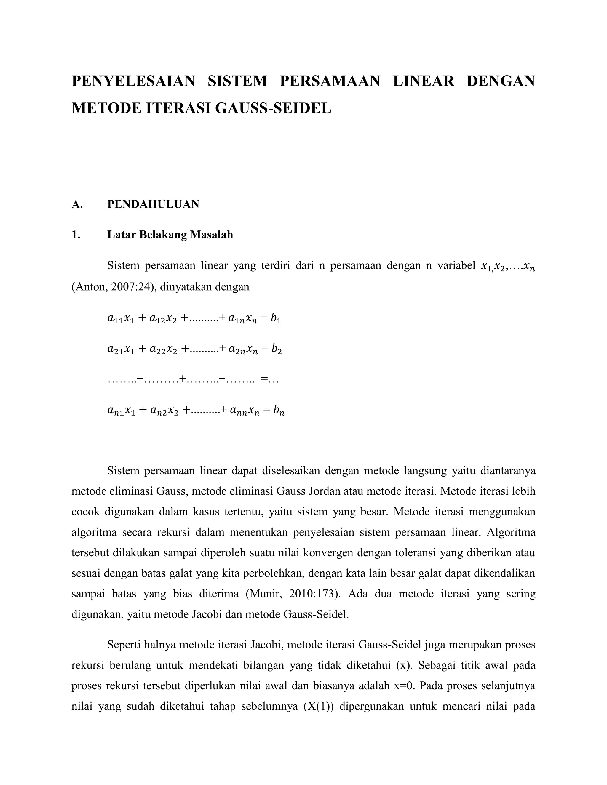 Penyelesaian sistem persamaan linear dengan metode iterasi gauss seidel | DOCX