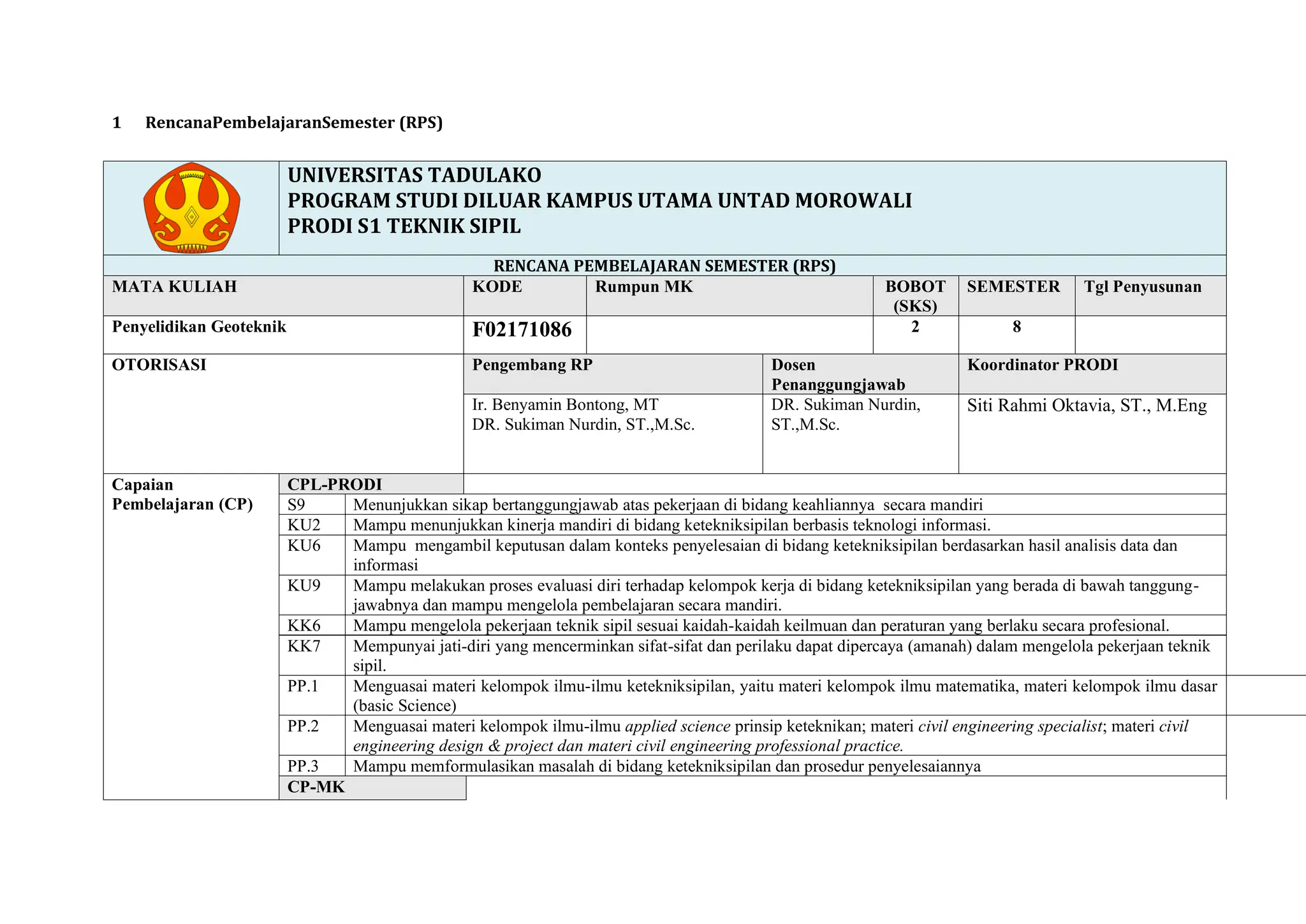 PENYELIDIKAN GEOTEKNIK_RENCANA BELAJAR SEMESTER | PDF